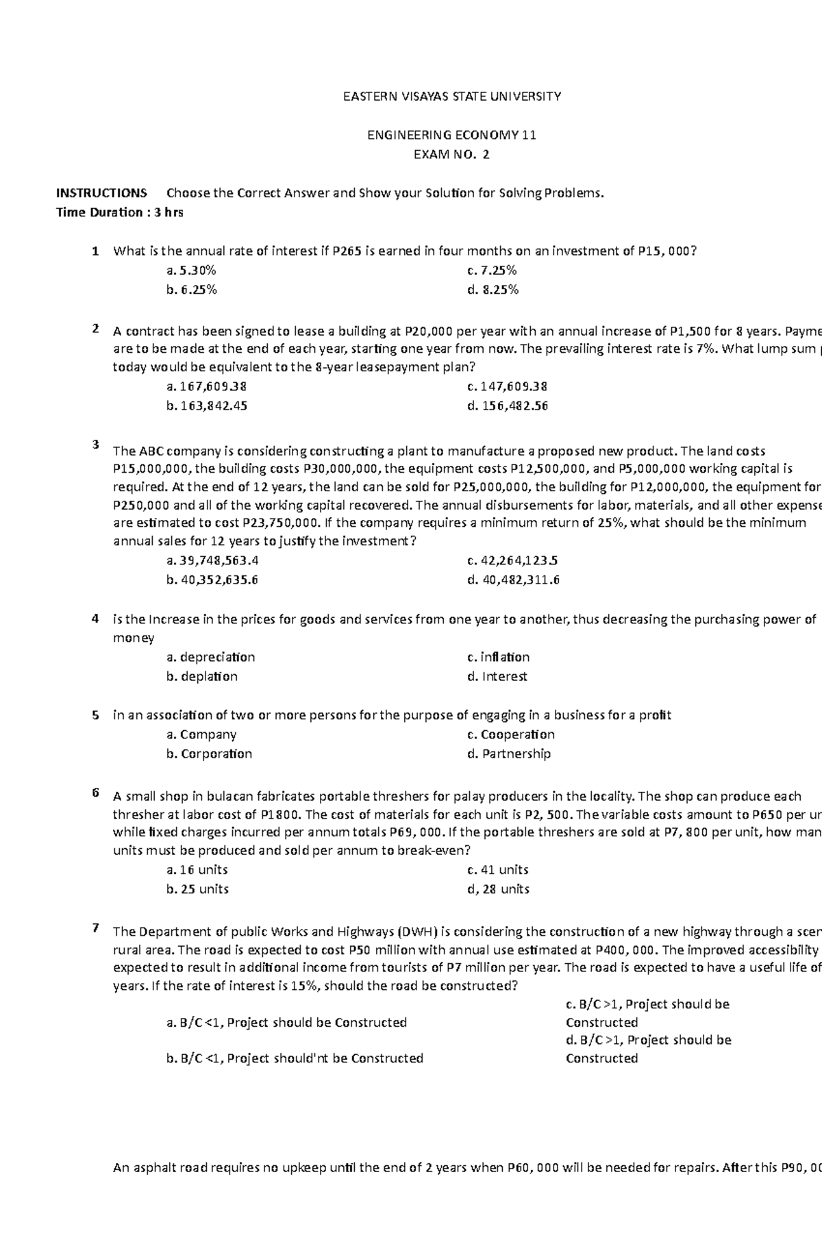 ECON 11 - Final Exam No. 2 - Engineering Economy Study Guide - Studocu