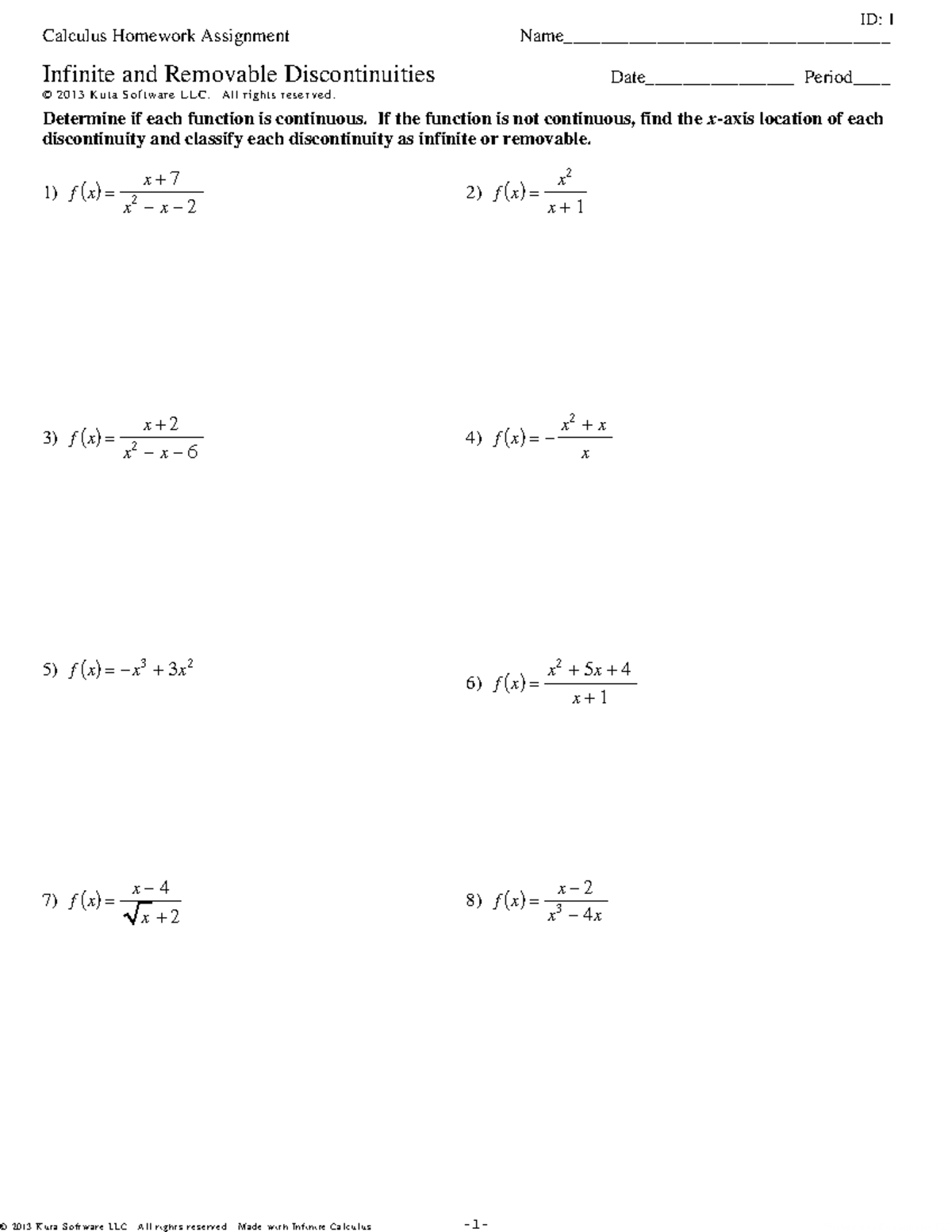 Calculus (MATH 101) Homework: Infinite & Removable Discontinuities ...