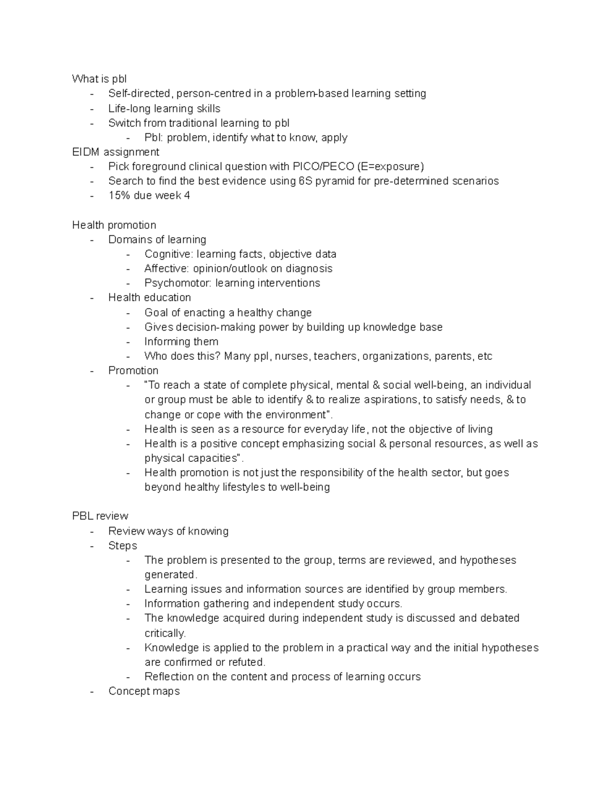 1G03 Course Notes: Weeks 1-4 Overview on Health Promotion & PBL - Studocu