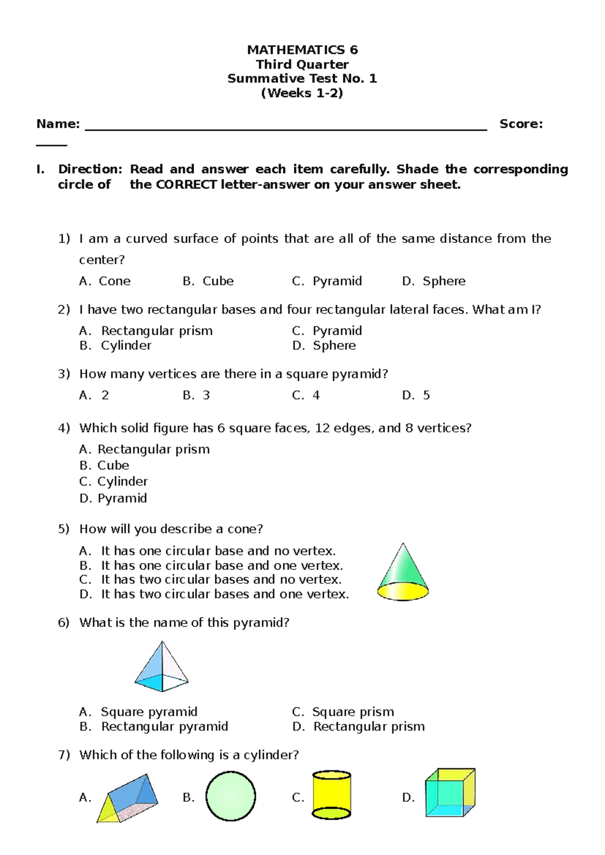 Mathematics 6 Q3 Summative Test No. 1 (Weeks 1-2) - Studocu