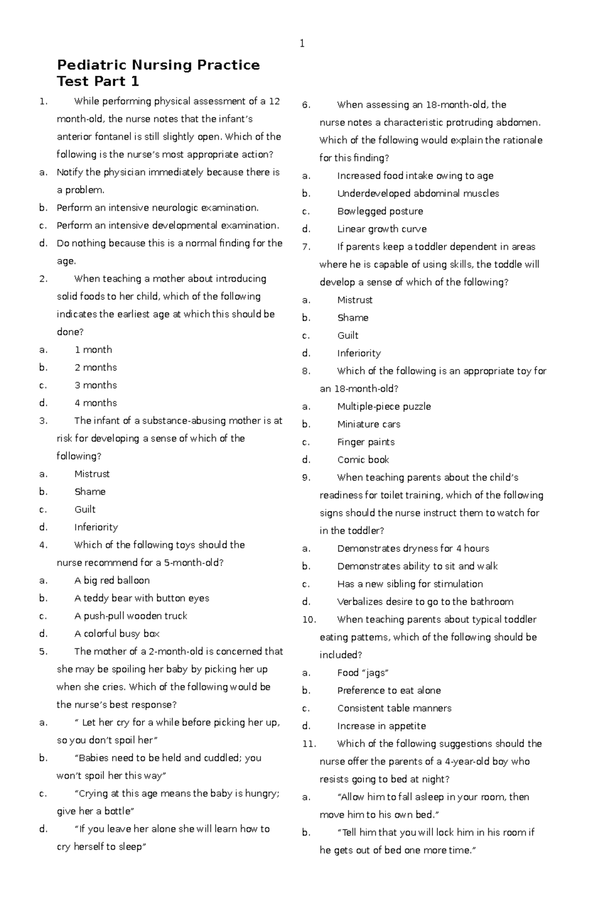 Pediatric practice test 1 - Pediatric Nursing Practice Test Part 1 ...