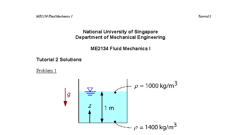 ME2134 Fluid Mechanics I Tutorial 2 Solutions Overview - Studocu