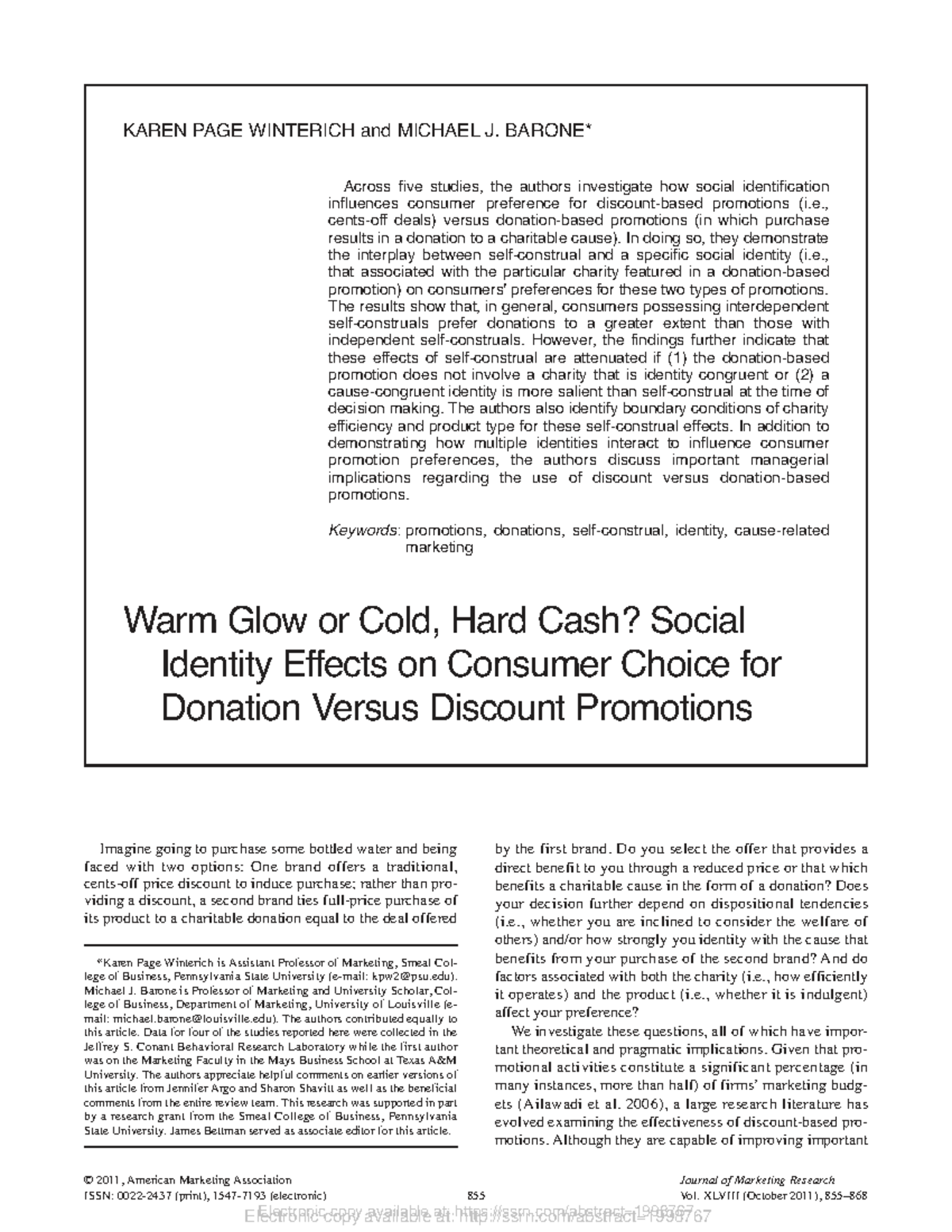 Warm Glow or Cold, Hard Cash? Social Identity Effects on Promotions ...