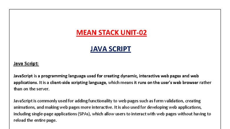 MEAN STACK JS: Understanding JavaScript Fundamentals and Usage - Studocu