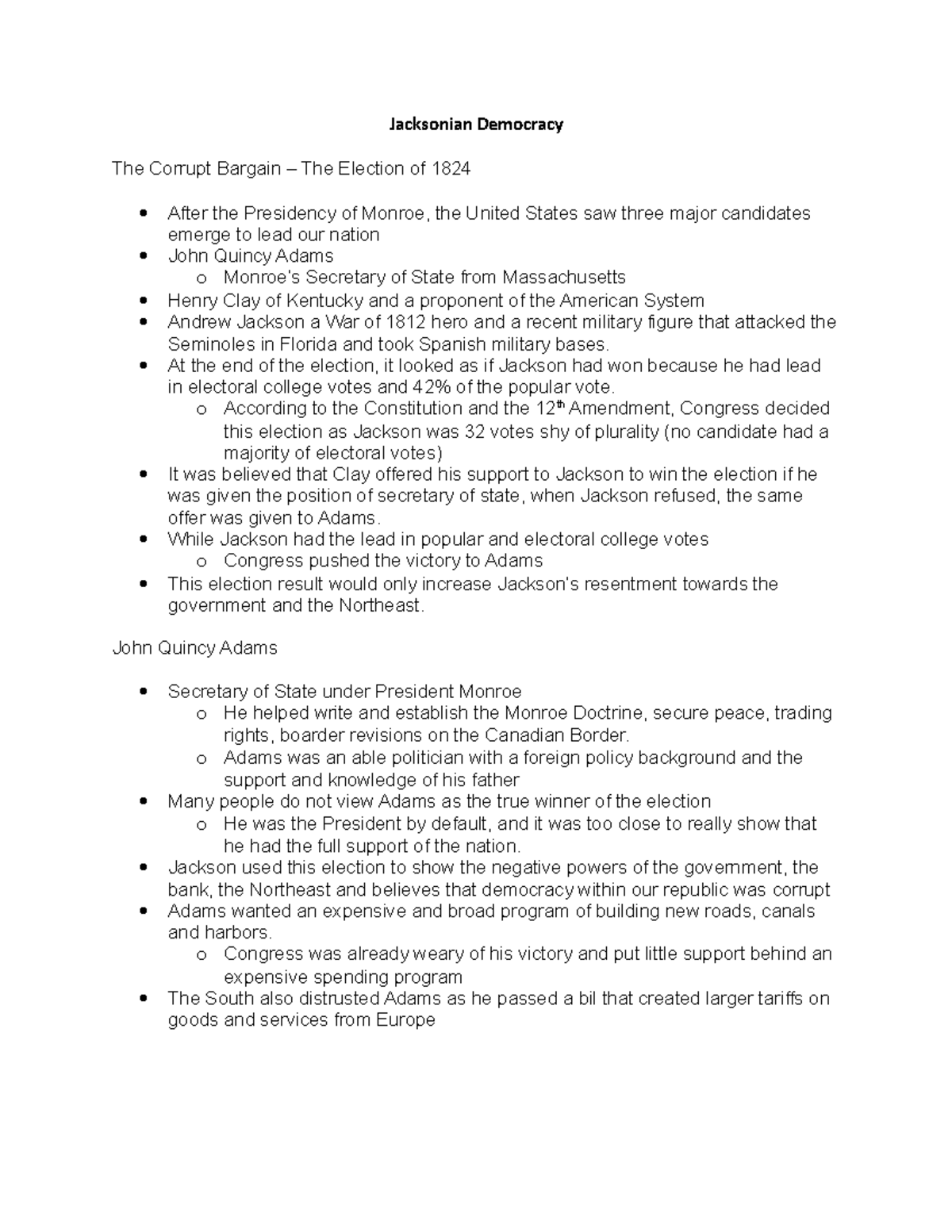 Jacksonian Democracy: Lecture Notes on Andrew Jackson's Era - Studocu