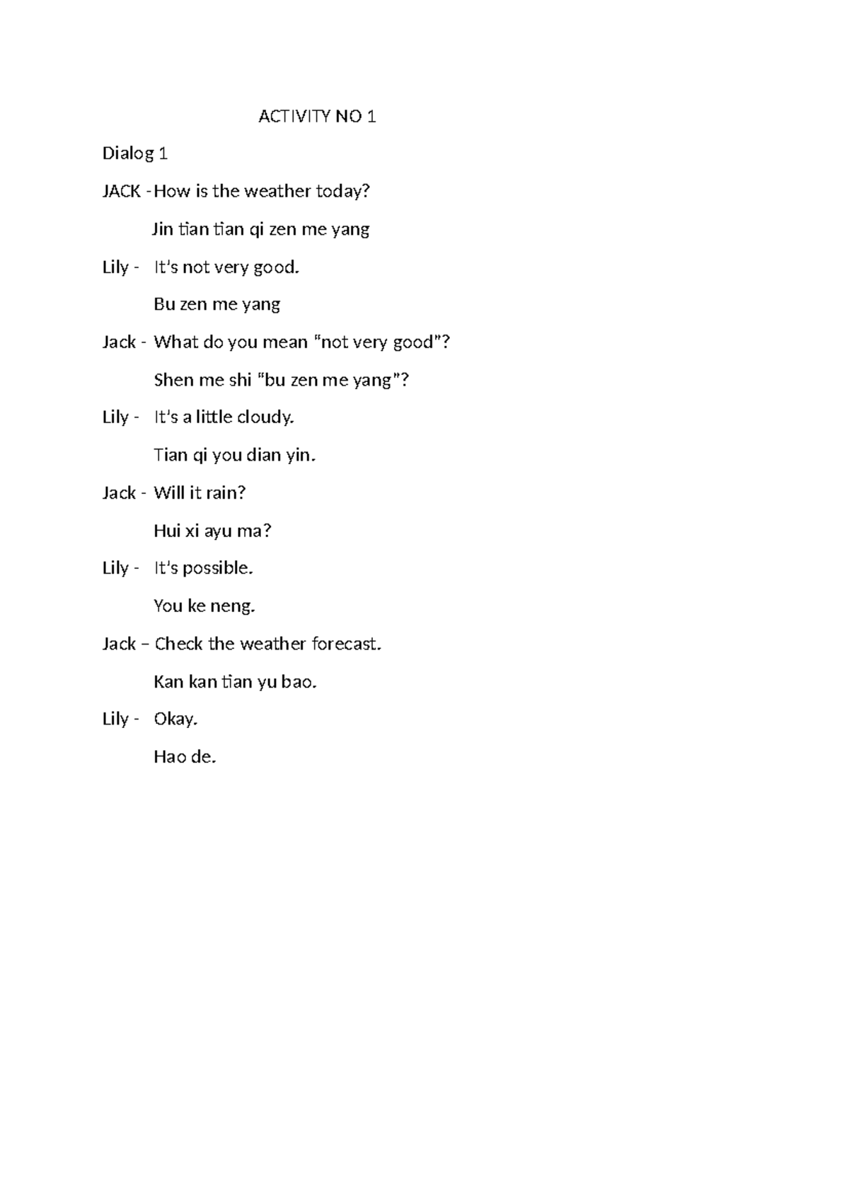 Mandarin 2 Activity 1 & 2: Weather Dialogs and Vocabulary - Studocu
