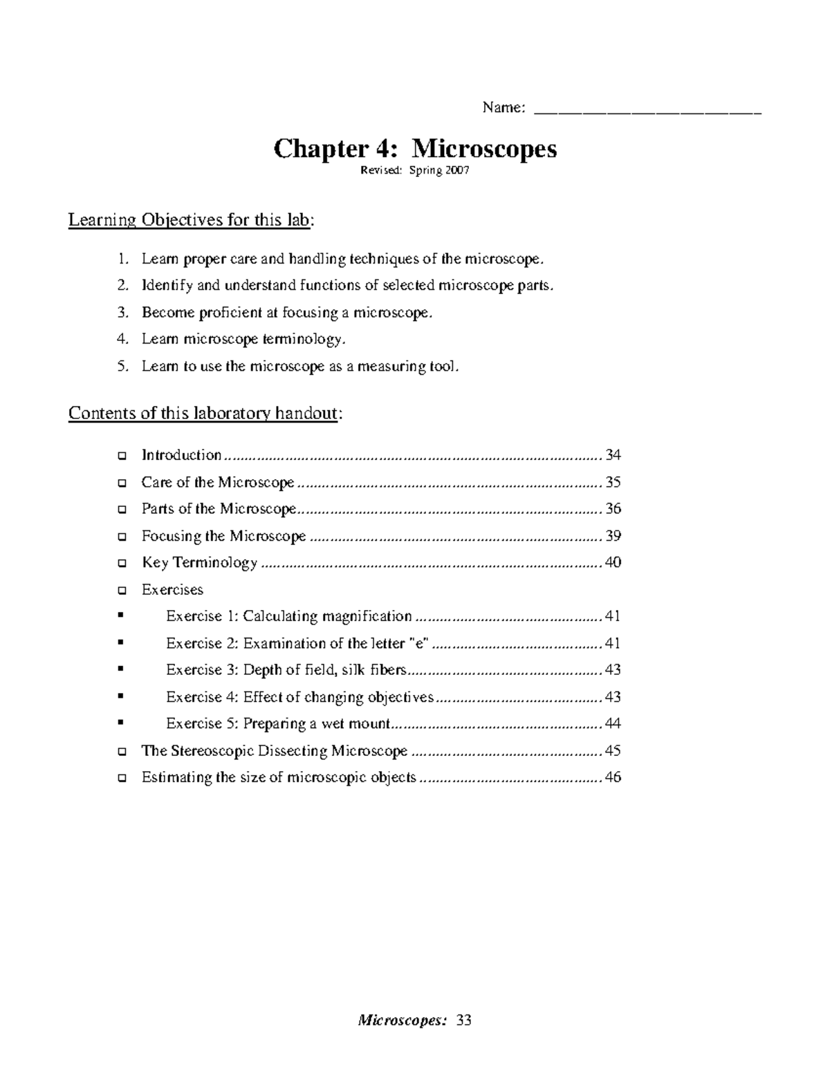 Microscope Intro - Lecture notes 1 - Name: Chapter 4: Microscopes ...