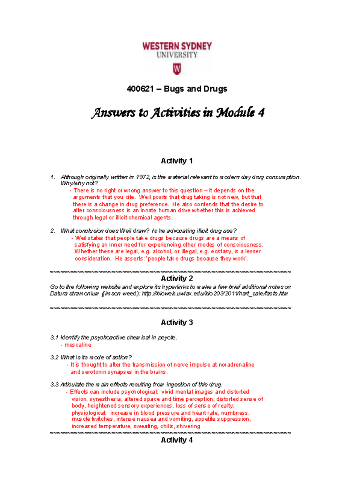 Answers to Activities in Module 4 - 400621 – Bugs and Drugs Answers to ...