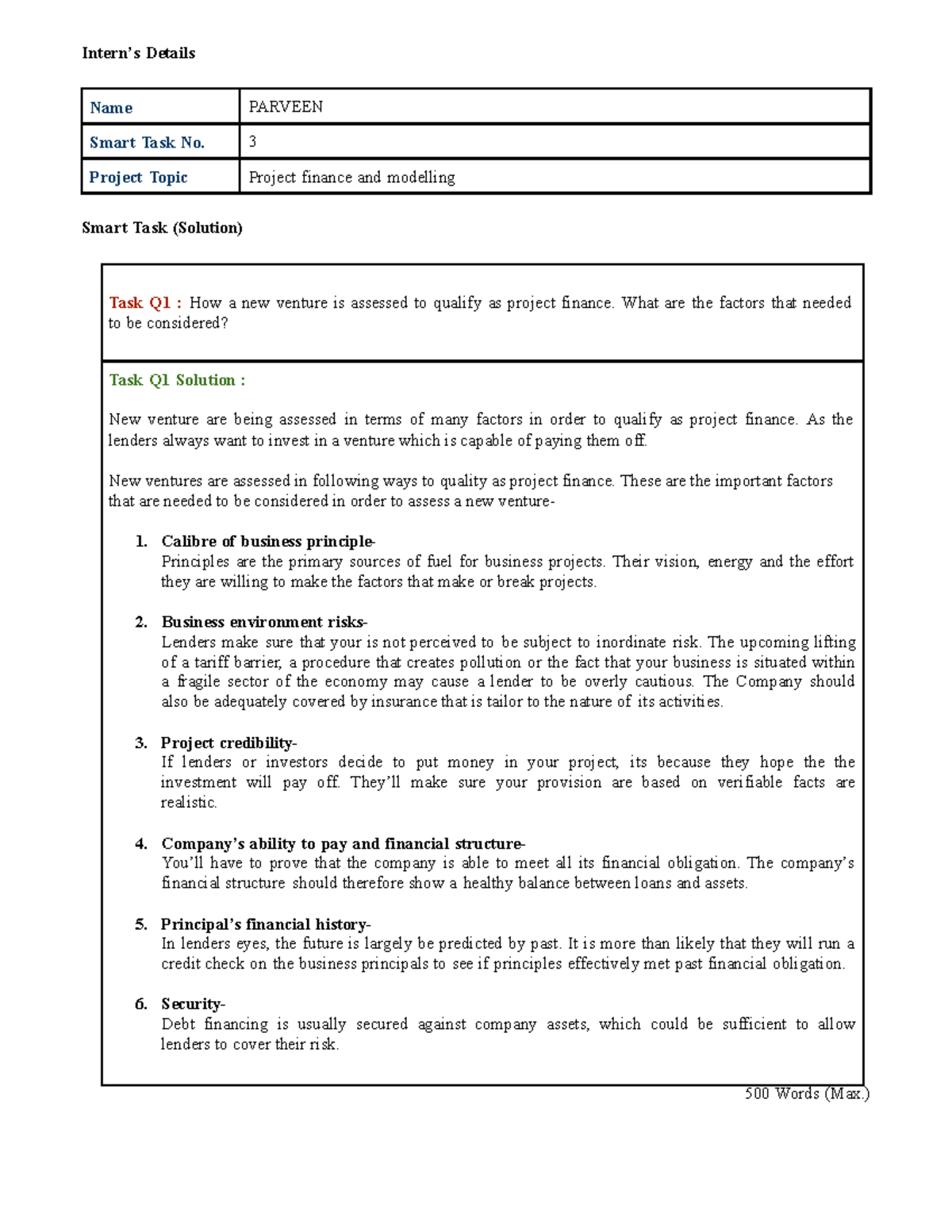 Vce smart task 3 project financepdf - Intern’s Details Name PARVEEN ...