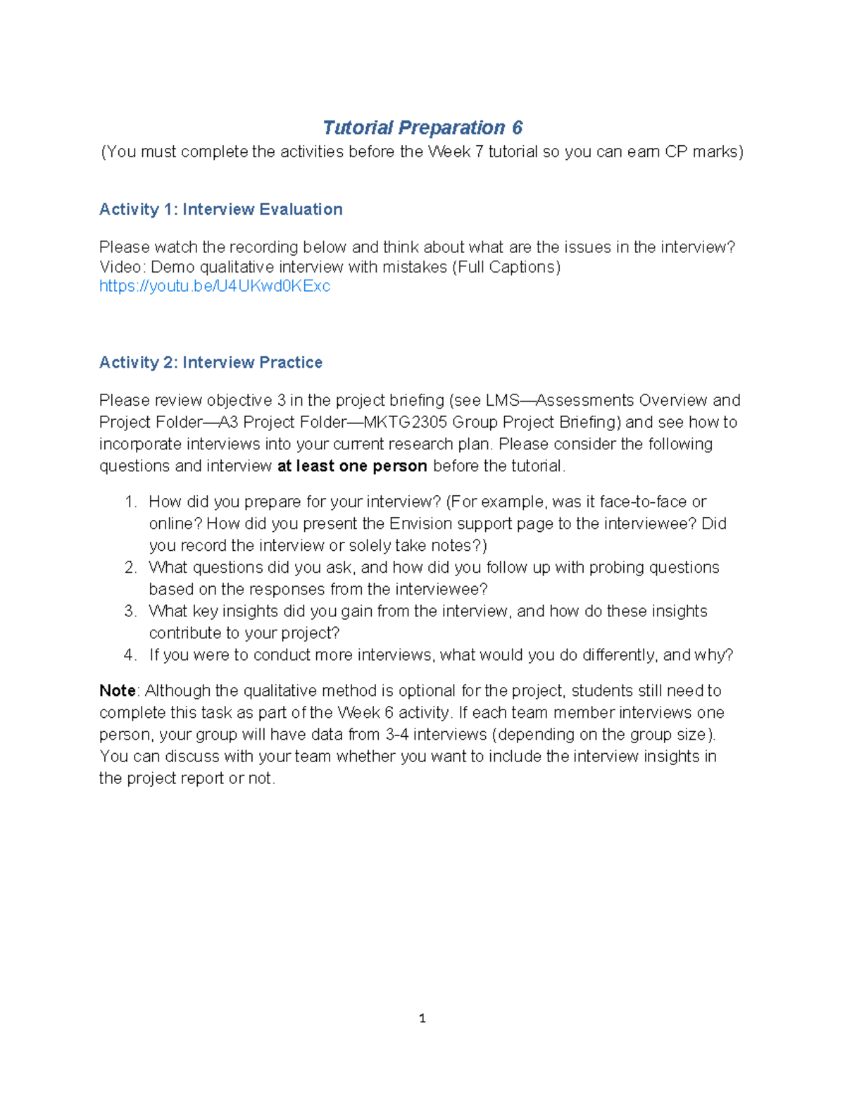 MKTG2305 Week 6 Tutorial Activity - Interview Preparation Guide - Studocu