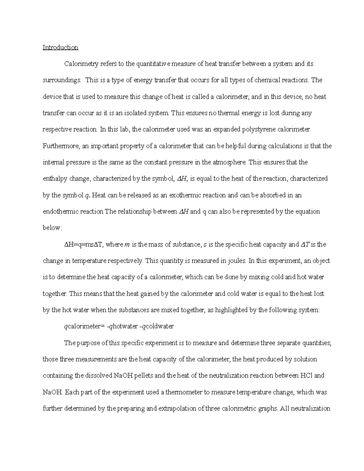 Lab2Chem - Thermochemistry Calorimetry Lab Report and Analysis - Studocu