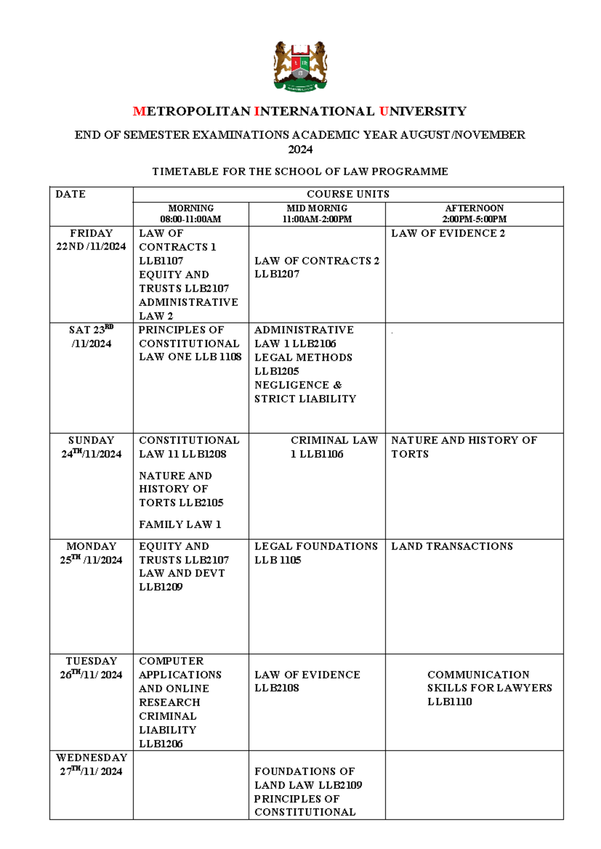 LAW School EXAM Timetable General Programmes 2024 November ...