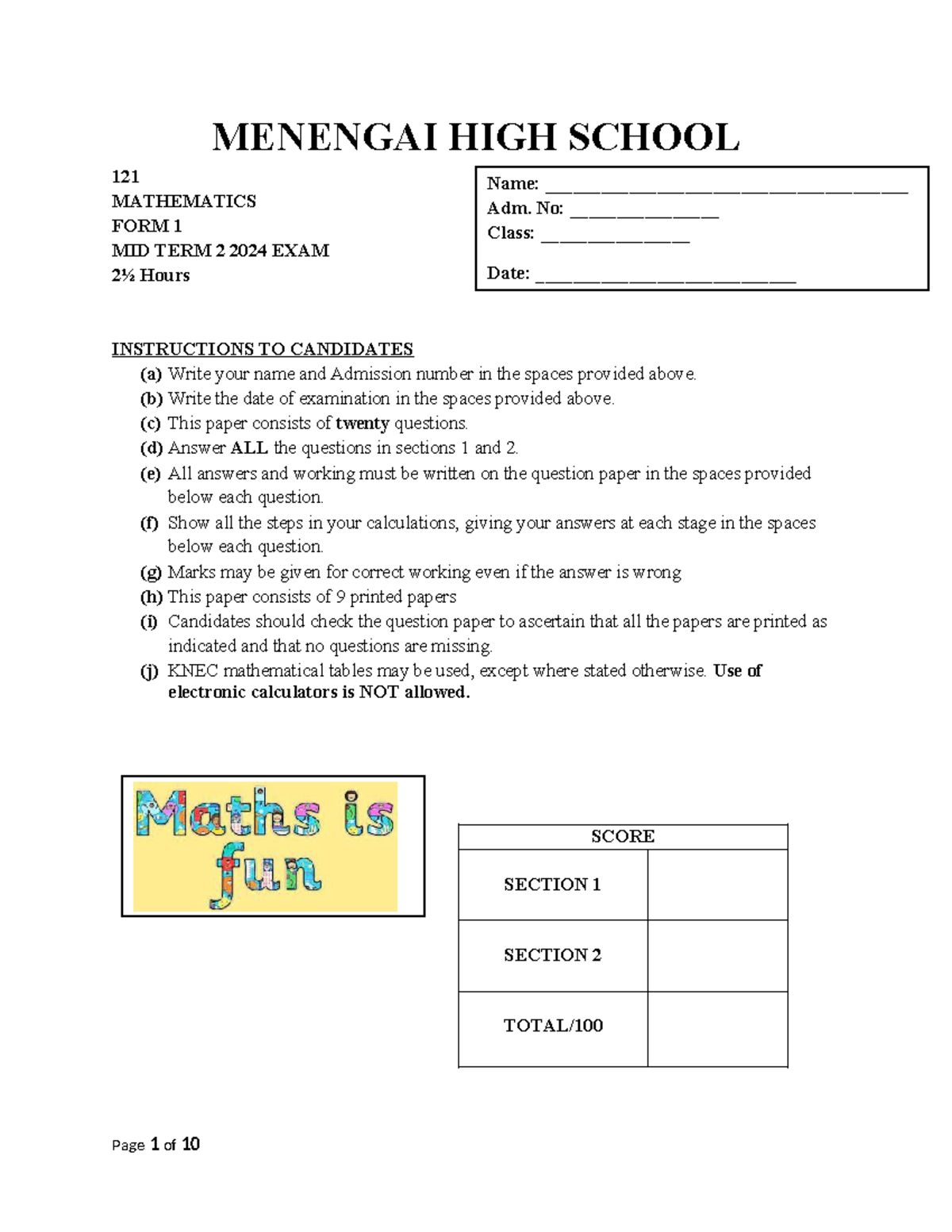 MENENGAI HIGH SCHOOL 121 MATHEMATICS FORM 1 MID TERM 2 EXAM 2024 - Studocu