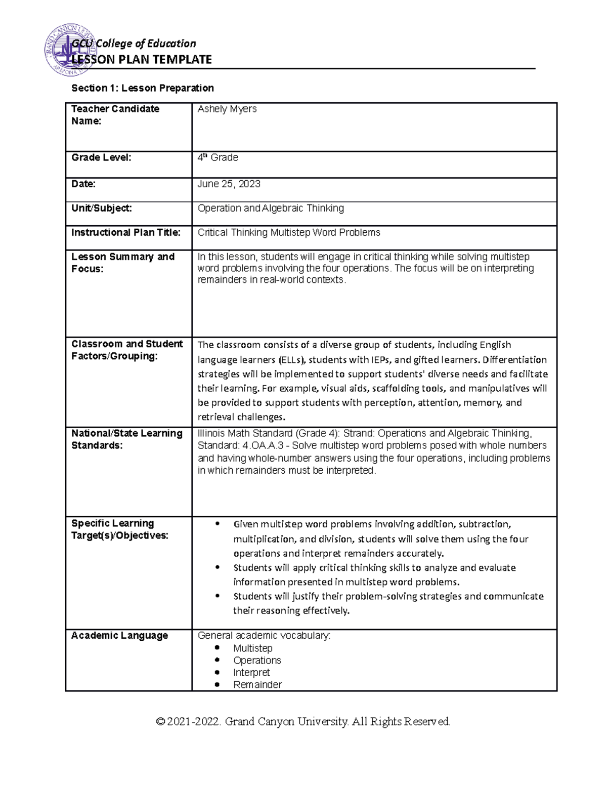 Operations and Algebraic Lesson Plan - LESSON PLAN TEMPLATE Section 1 ...