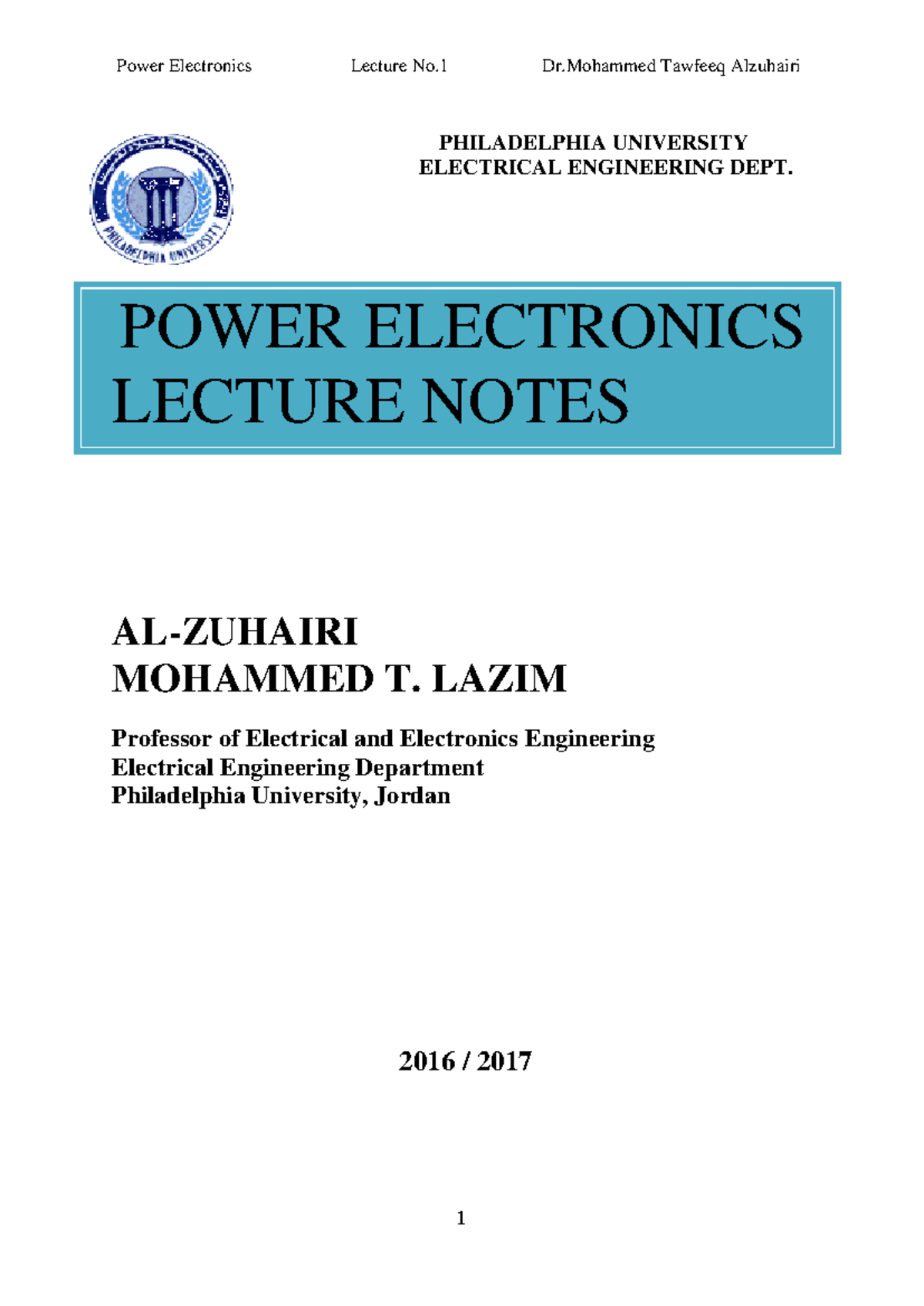 PE Lecture No - Power Electronics - PHILADELPHIA UNIVERSITY ELECTRICAL ...