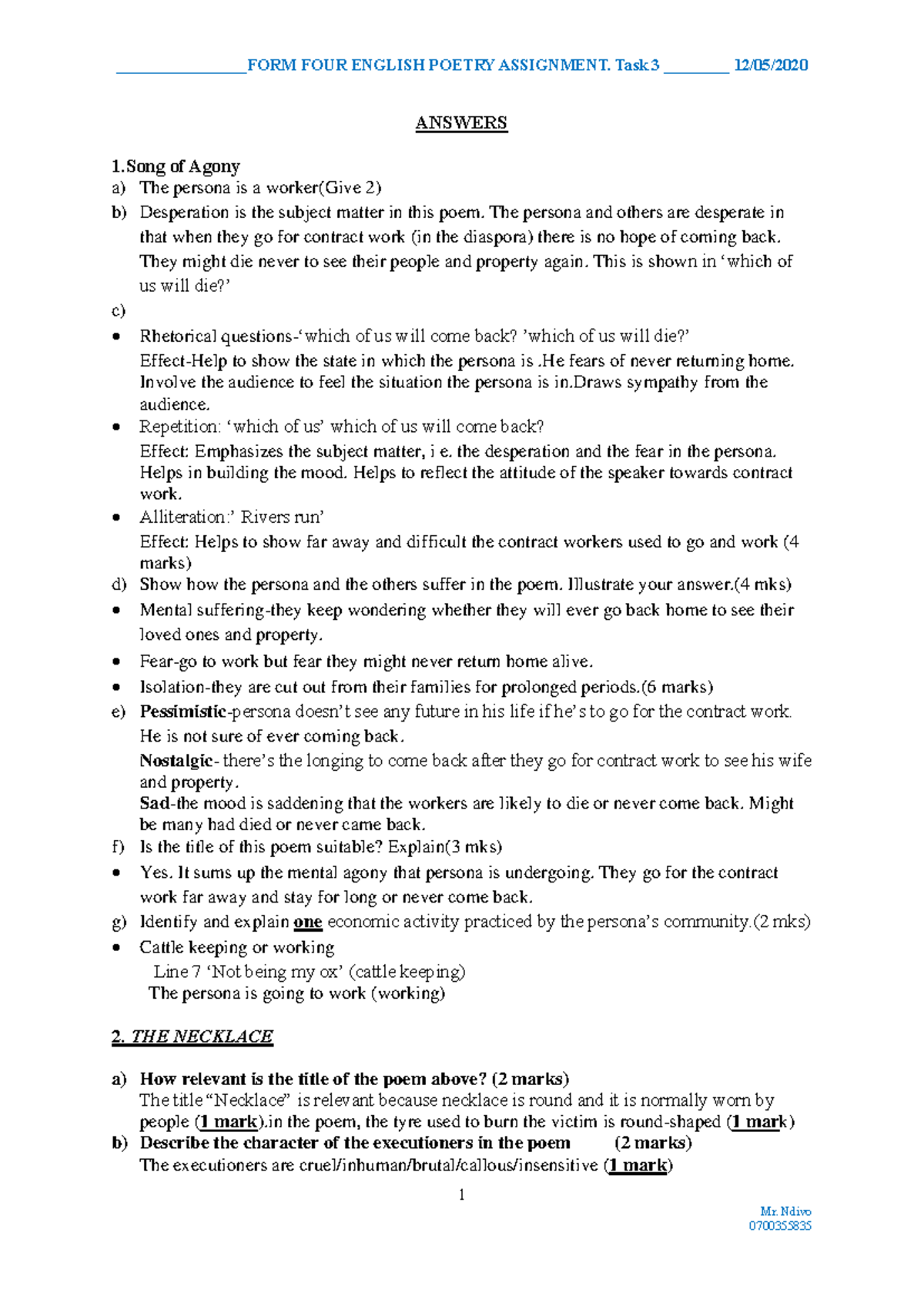 Answers to FORM FOUR English Poetry Assignment - 1 Mr. Ndivo ANSWERS 1 ...