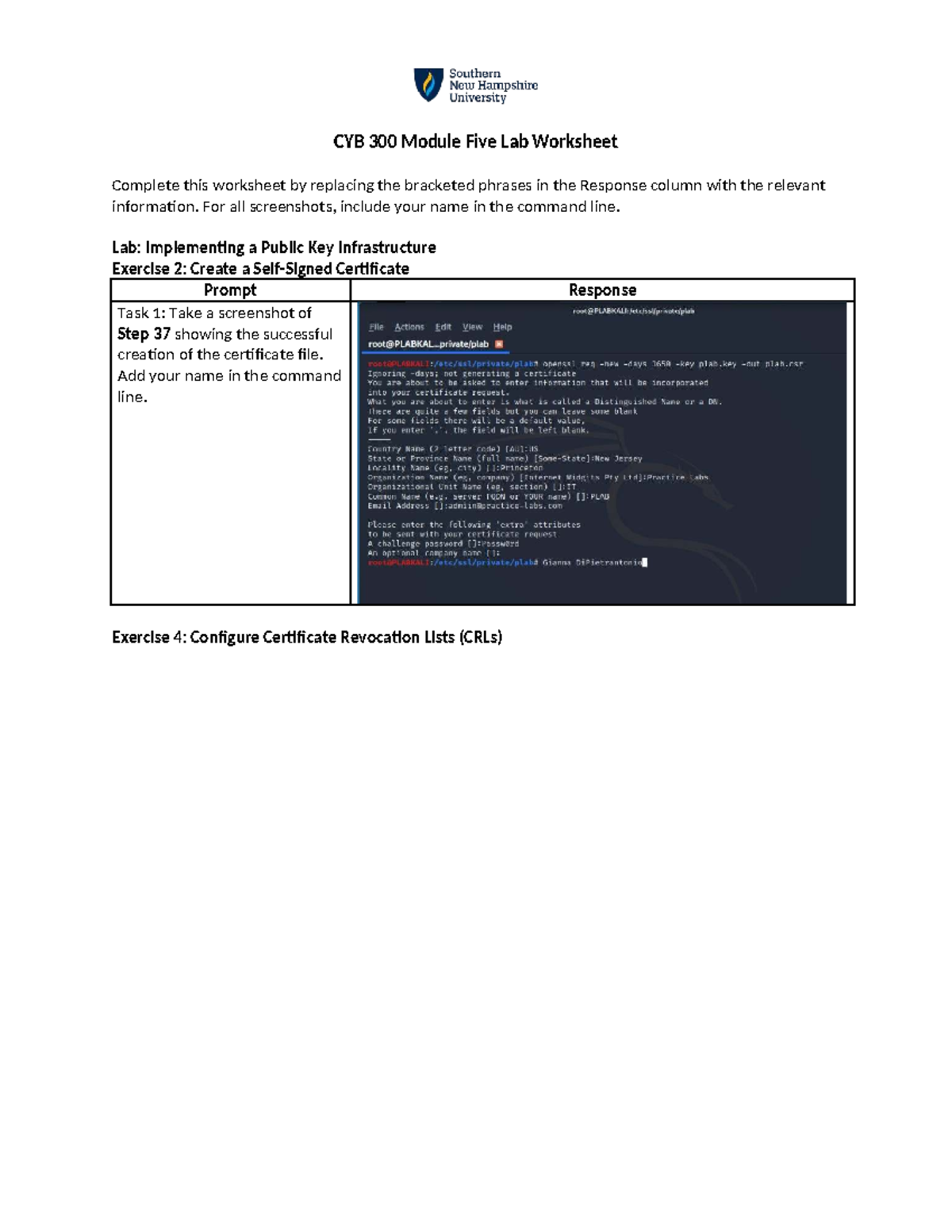 CYB 300 Module 5 Lab Worksheet: Public Key Infrastructure Tasks - Studocu