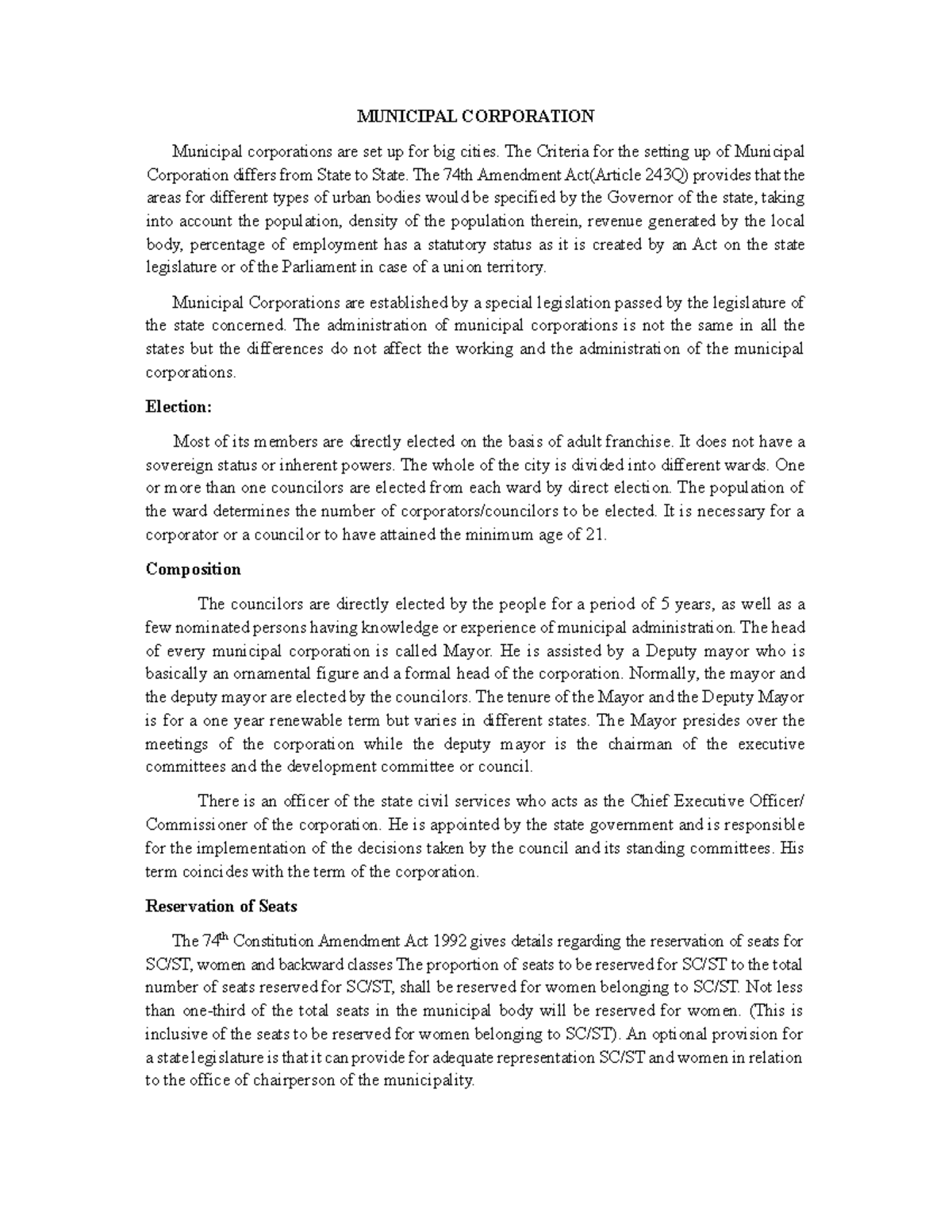 MUNICIPAL CORPORATION: Structure, Functions, and Powers Explained - Studocu