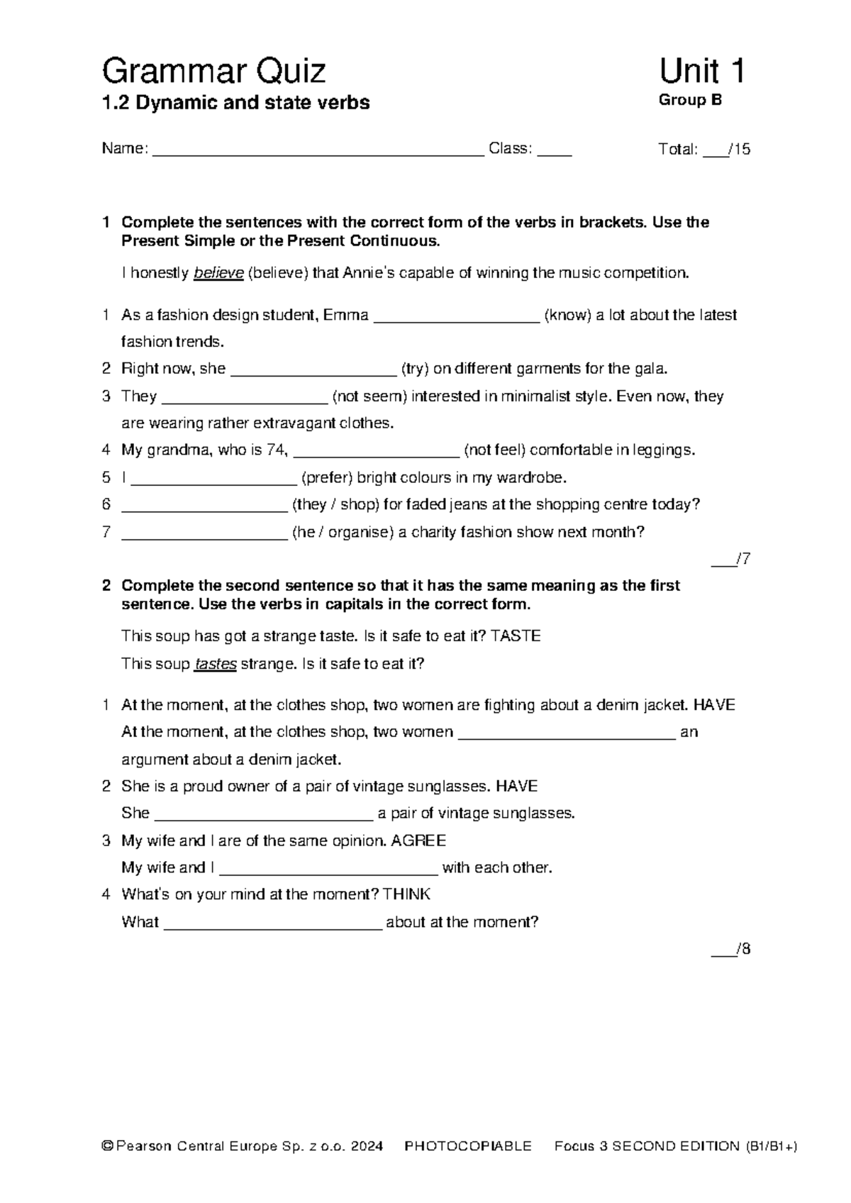 Focus 3 2E Grammar Quiz Unit 1: Dynamic & State Verbs - Studocu
