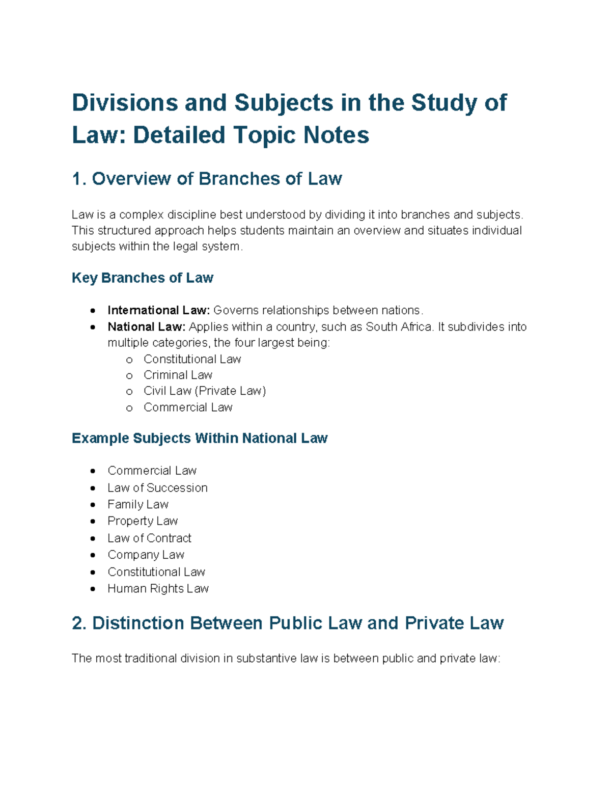 Law Study Notes: Branches, Public vs Private Law, and More - Studocu