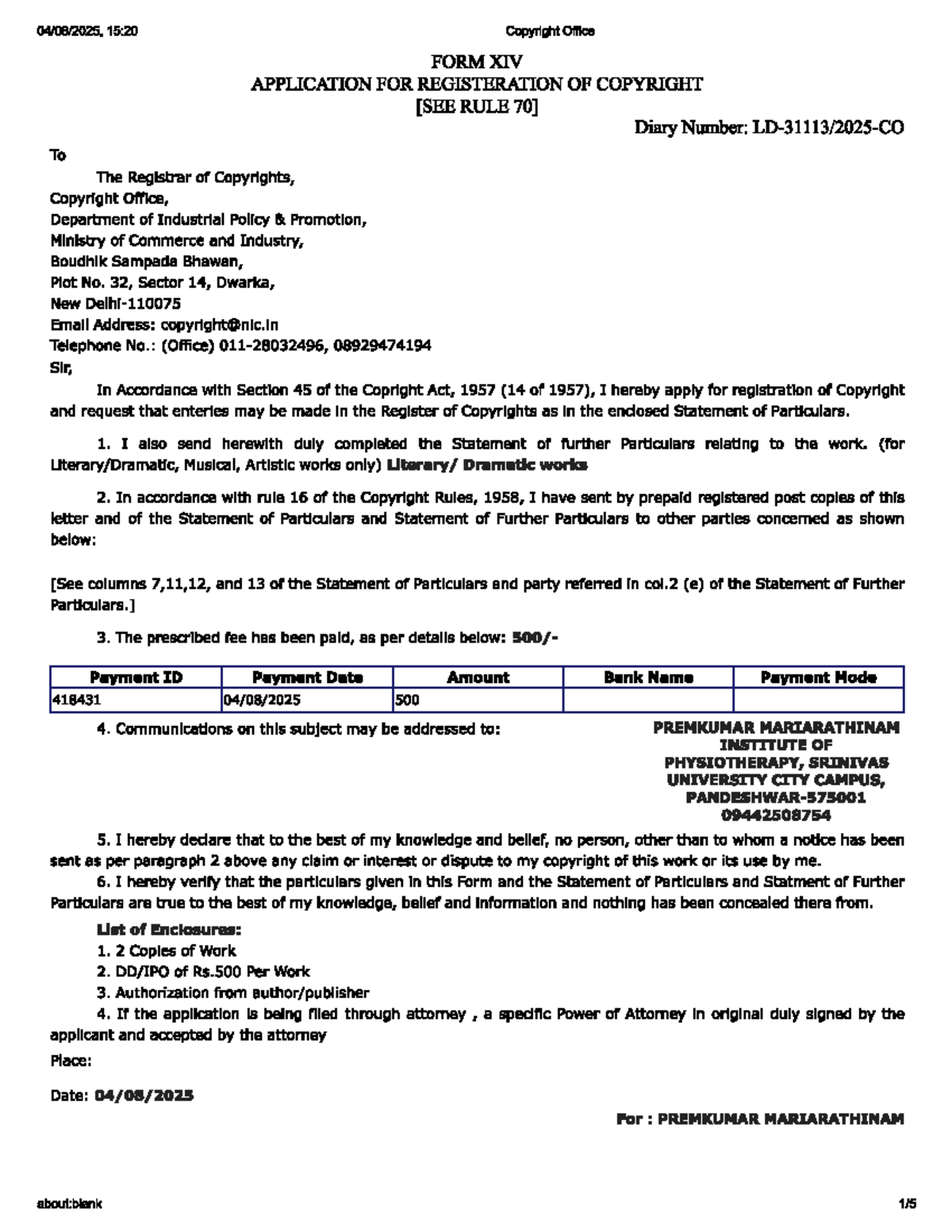 15:20 Copyright Office FORM XIV: Completed Registration Application ...