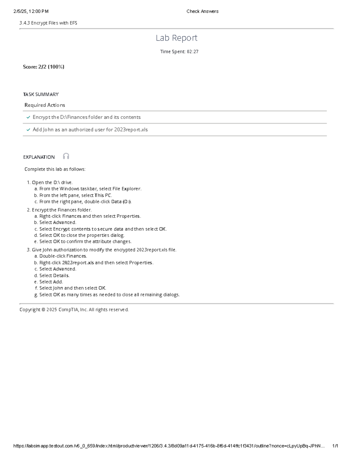 Lab Report: 12:00 PM EFS Encryption Lab (CompTIA) - Studocu