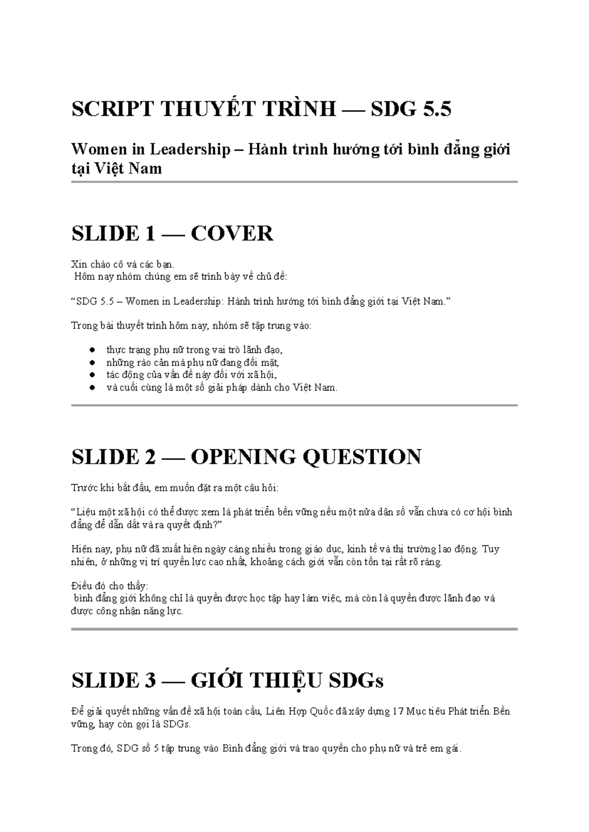 SDG 5.5: Phụ Nữ Trong Lãnh Đạo và Bình Đẳng Giới Tại Việt Nam - Studocu