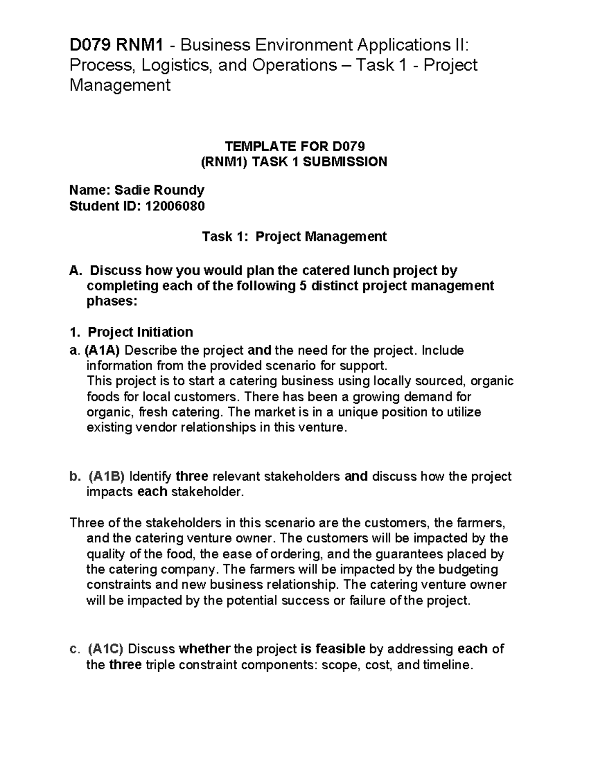 D079 RNM1 Project Management: Catering Business Plan Template - Studocu