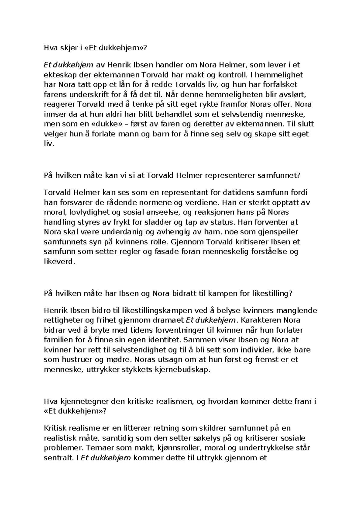 Norsk Analyse av "Et dukkehjem" av Henrik Ibsen: Kjønn, Samfunn og ...