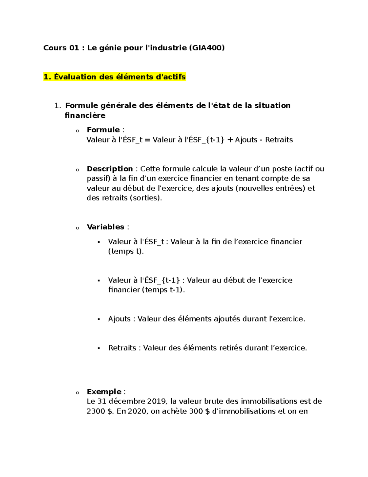 Cours 1 - situation financiere etc - Cours 01 : Le génie pour l ...
