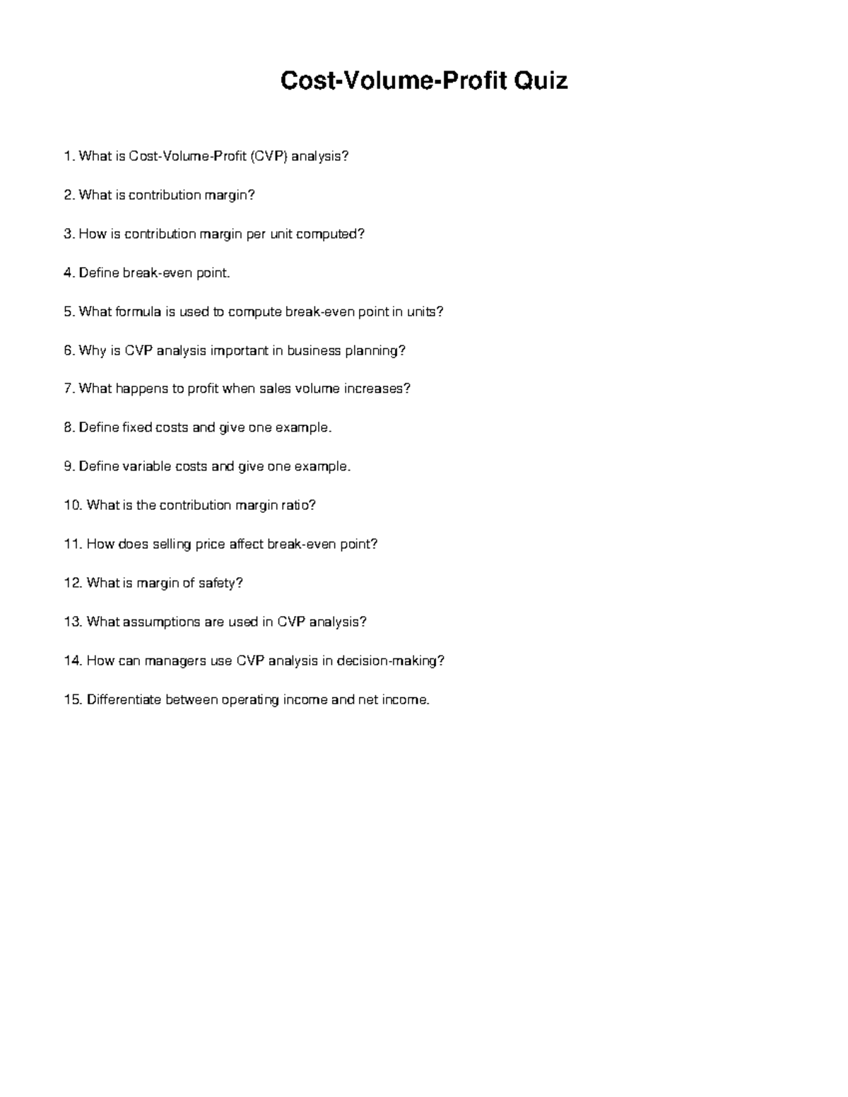 Cost Volume Profit (CVP) Quiz: Key Concepts and Formulas - Studocu
