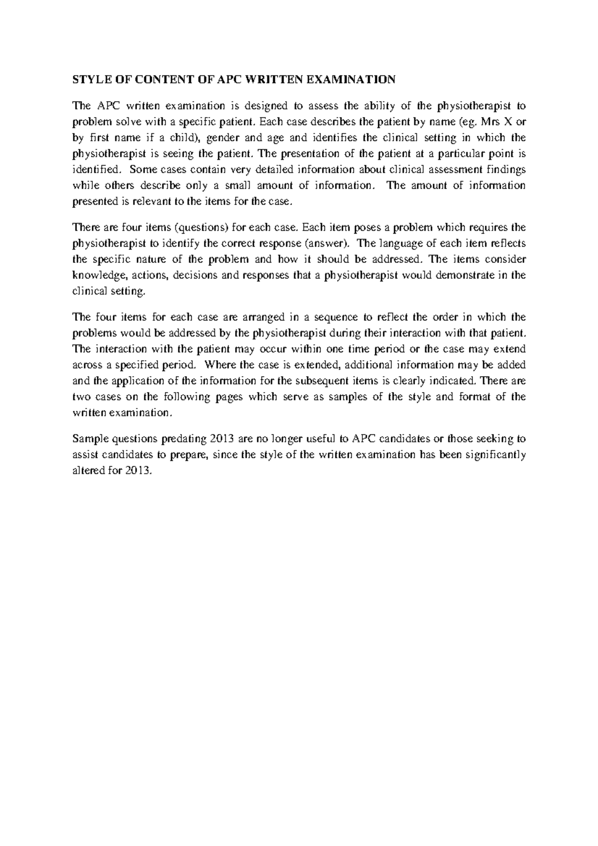 Sample questions with answers for APC Written examination - STYLE OF ...