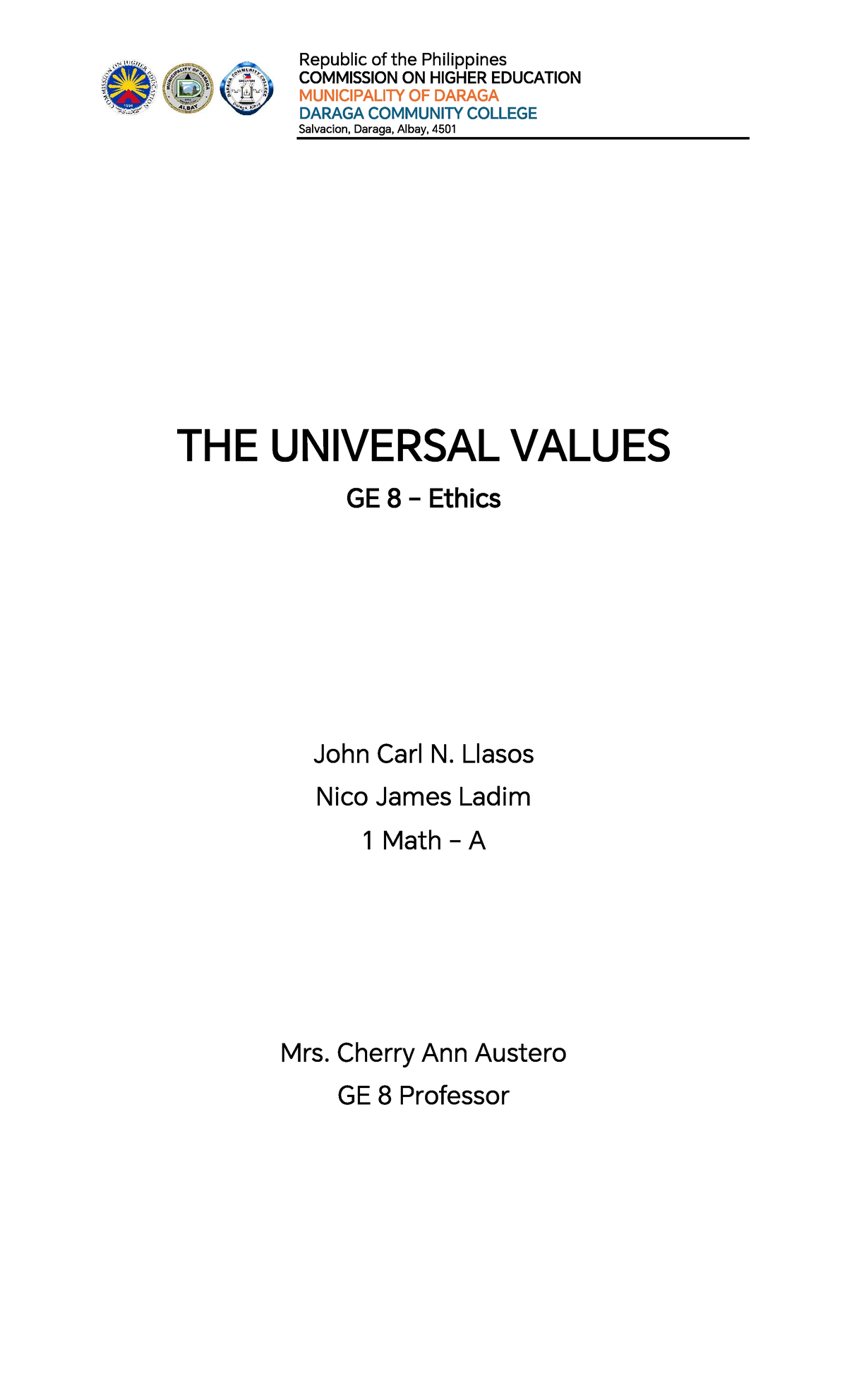 GE 8 Ethics: Understanding Universal Values and Their Importance - Studocu