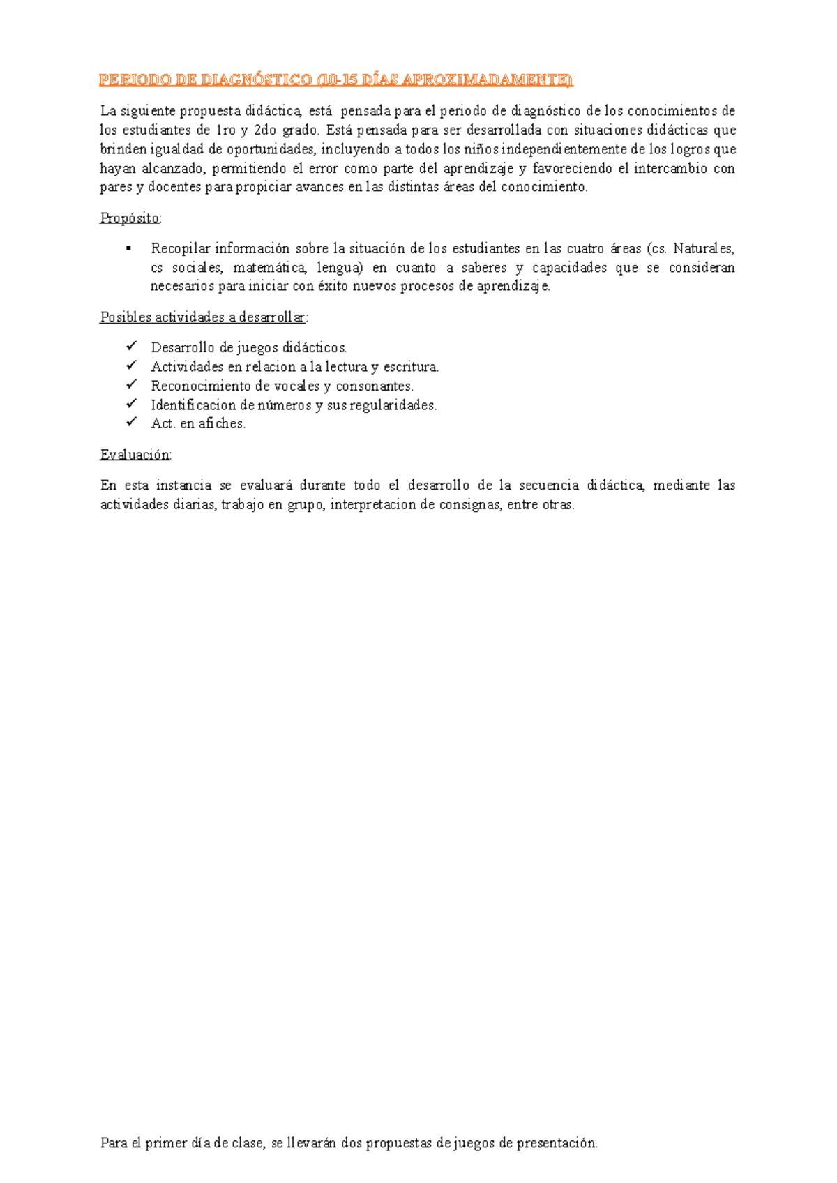 Propuesta Didáctica Diagnóstica para 1ro y 2do Grado - Studocu