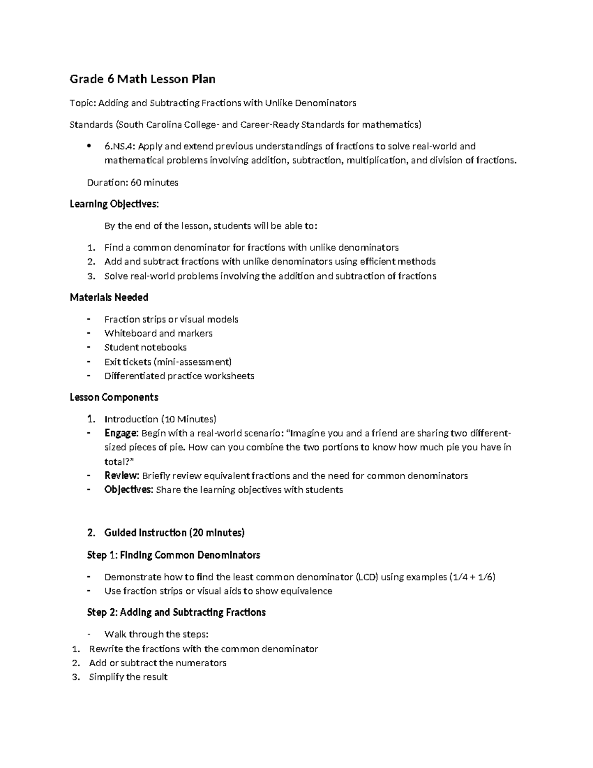 ONM1 Task 3 - Task - Grade 6 Math Lesson Plan Topic: Adding and ...