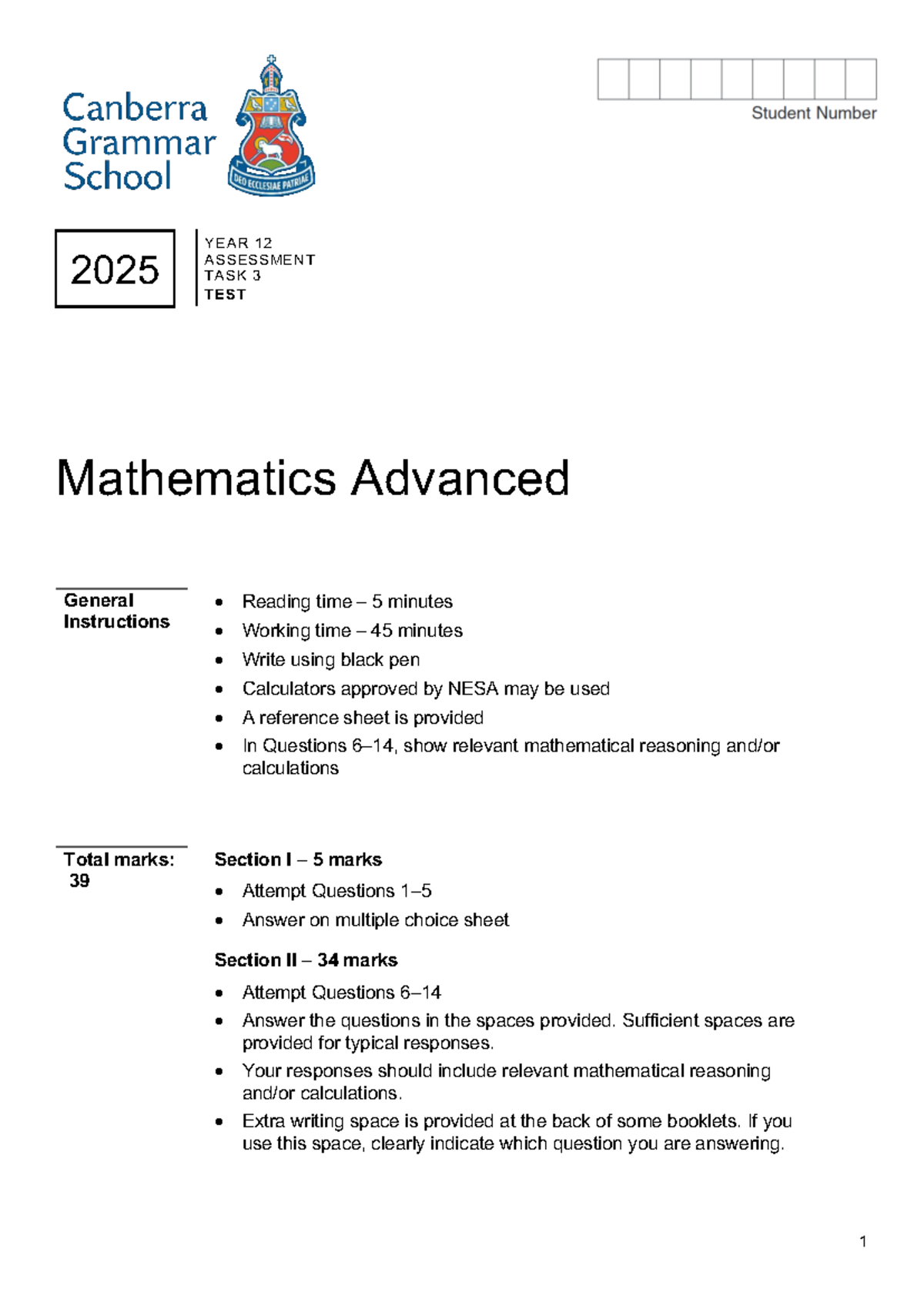 HSC ADV Mathematics Advanced Year 12 Assessment Task 3 Test 2025 - Studocu