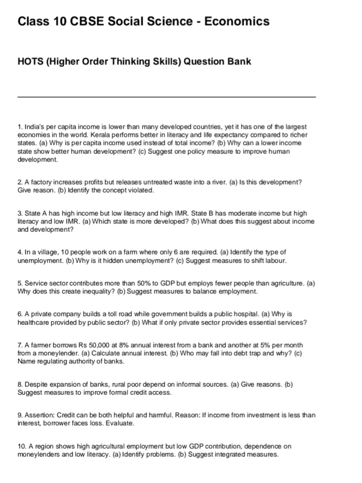 Class 10 CBSE Social Science Economics HOTS Question Bank 1 - Studocu ...