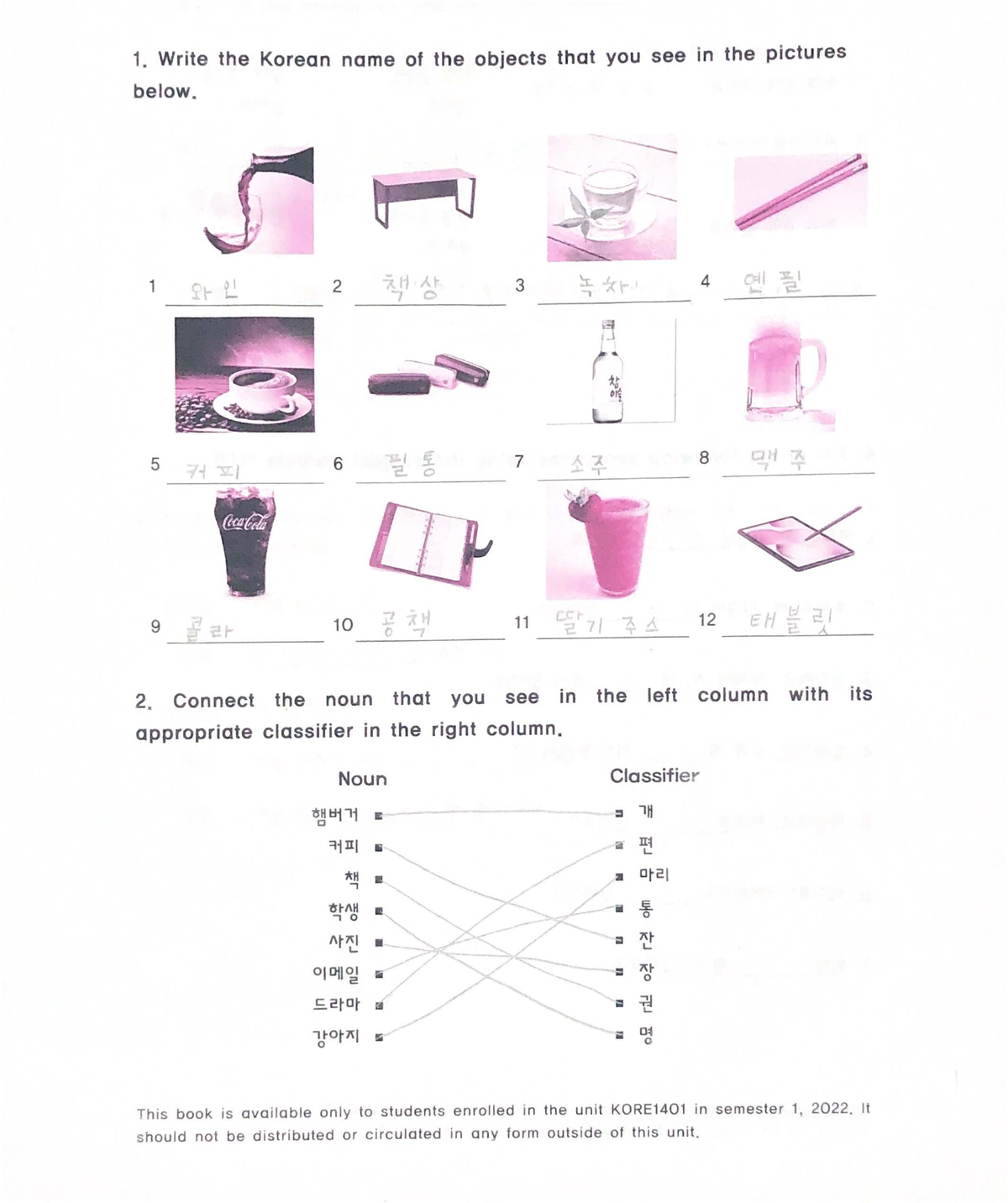 KORE1401 Korean Homework Unit 2: Object Names & Classifiers - Studocu