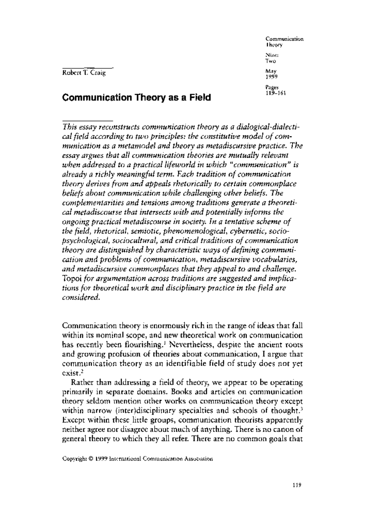 Communication Theory as a Field: A Dialogical-Dialectical Approach ...