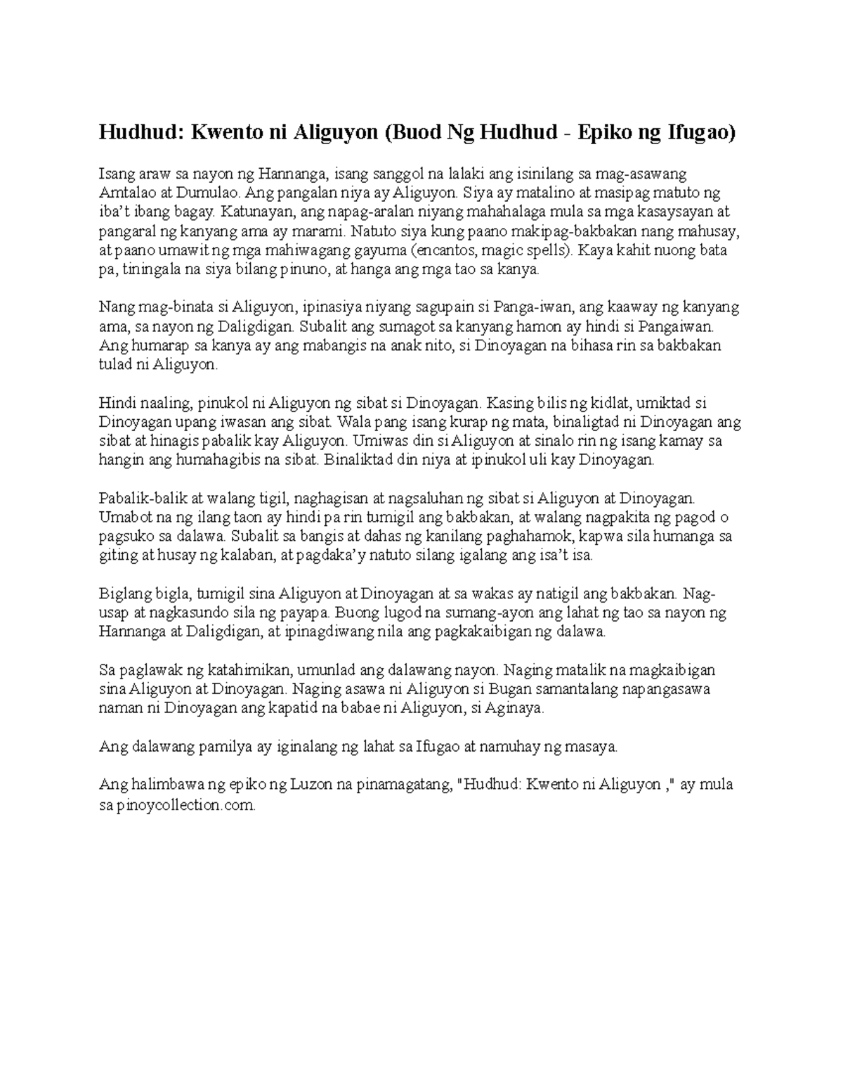 Hudhud Kwento ni Aliguyon Buod Ng Hudhud Epiko ng Ifugao - Hudhud ...