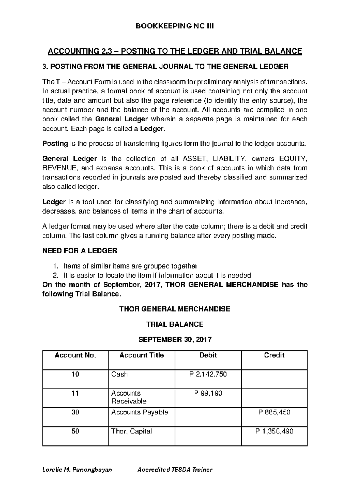 BOOKKEEPING NC 2.3: Posting to the Ledger & Trial Balance Guide - Studocu