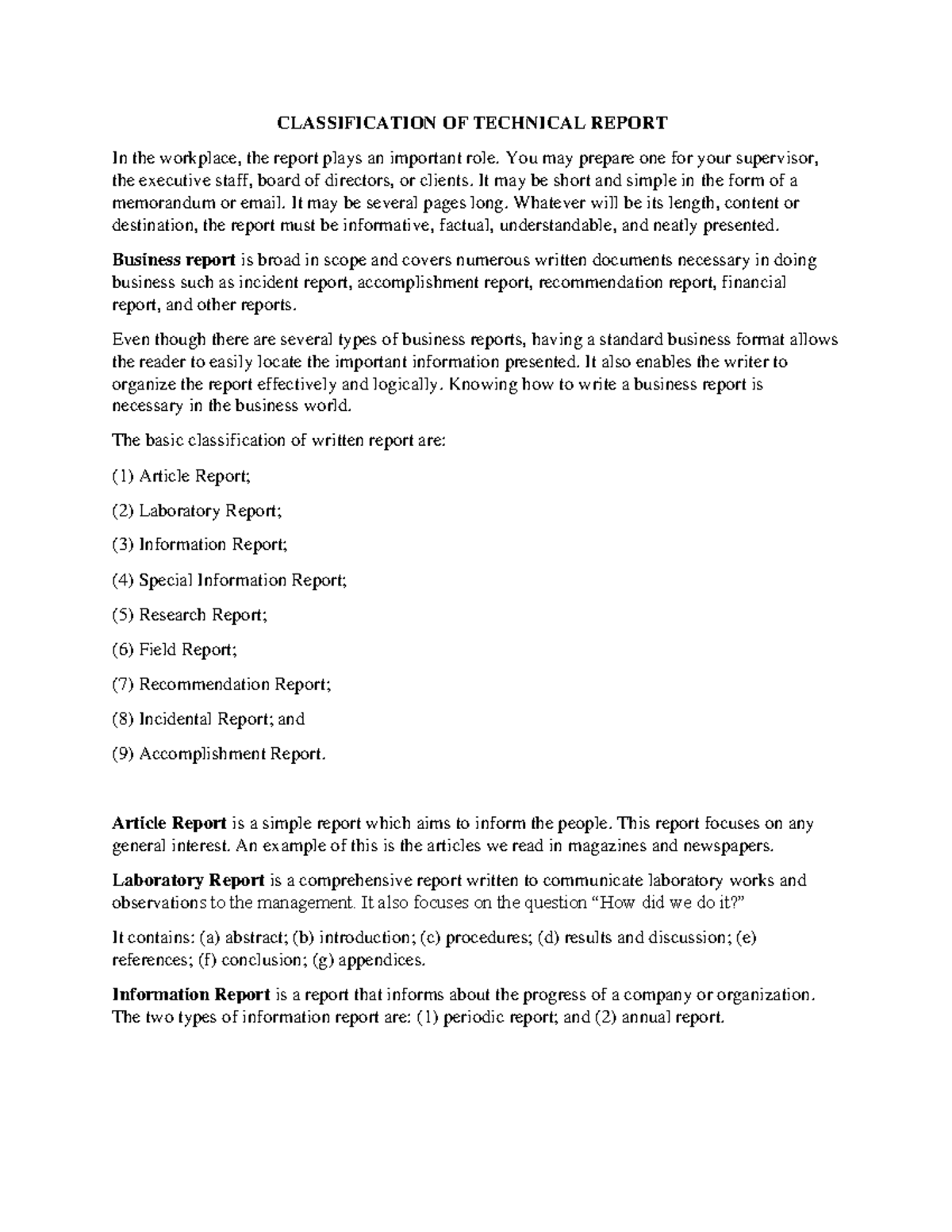 Classification of Business Reports: Informative Guide - Studocu
