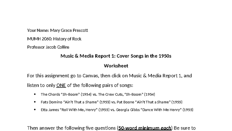 MUMH 2060: Music Media Report 1 - Cover Songs of the 1950s Analysis ...