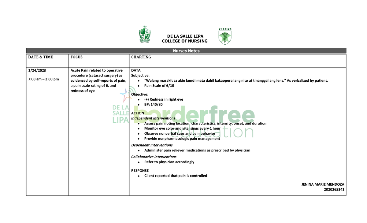 FDAR Notes on Acute Pain Management Post-Cataract Surgery - Studocu