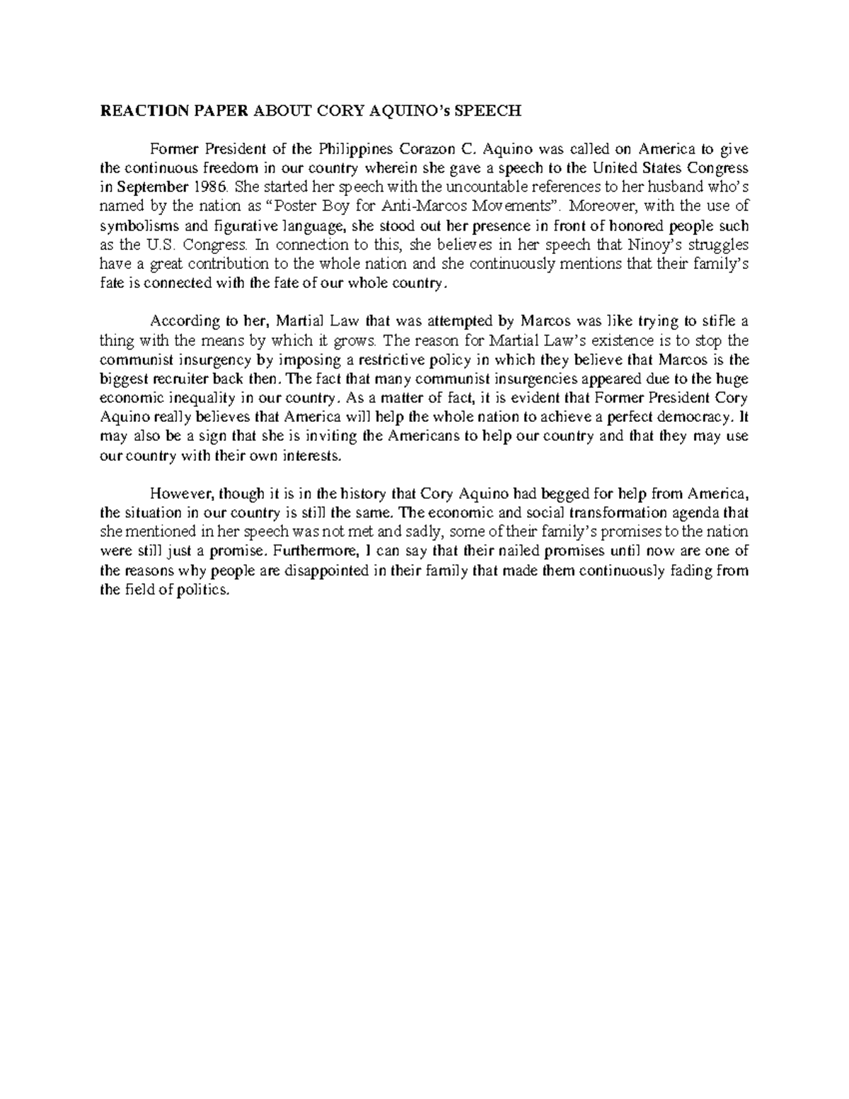 CORY Aquino's Speech Reaction Paper: Freedom, Democracy & Legacy ...
