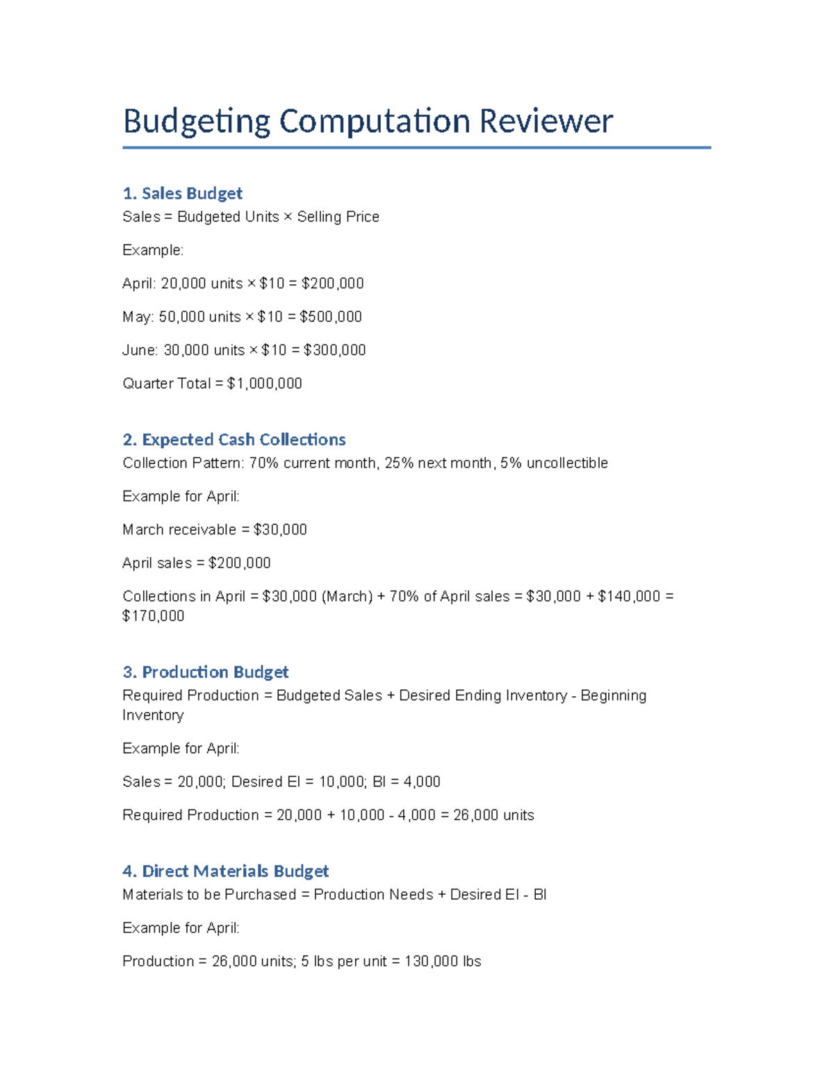Budgeting Computations Review for Sales & Production Planning - Studocu