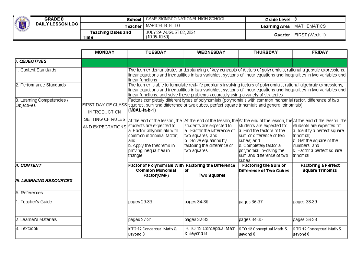 G8DLL Q1W1 - DAILY MATH LESSON LOG (JULY 29-AUG 2, 2024) - Studocu