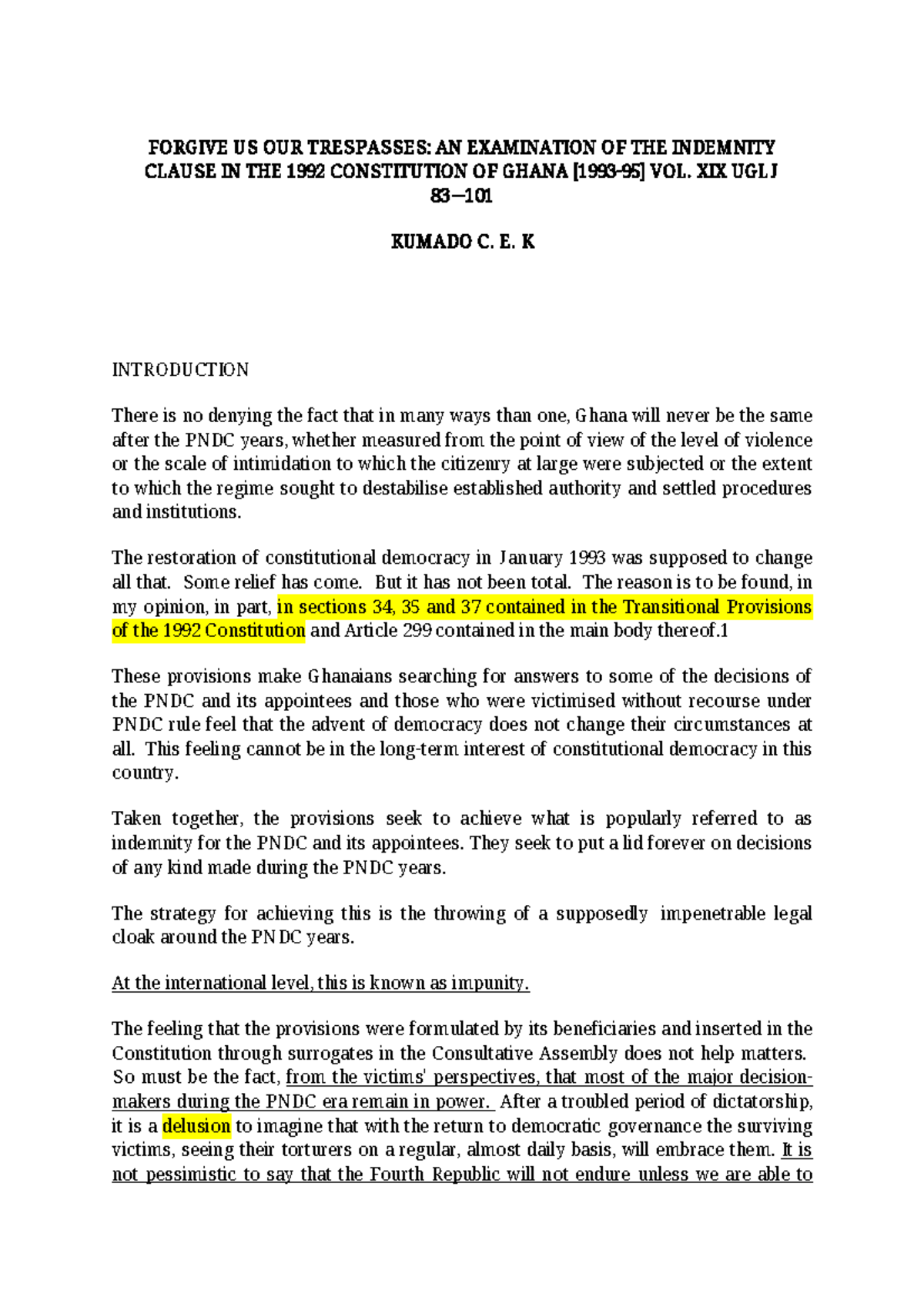 Kumado on Indemnity Clauses in Ghana's 1992 Constitution [1993-95 ...