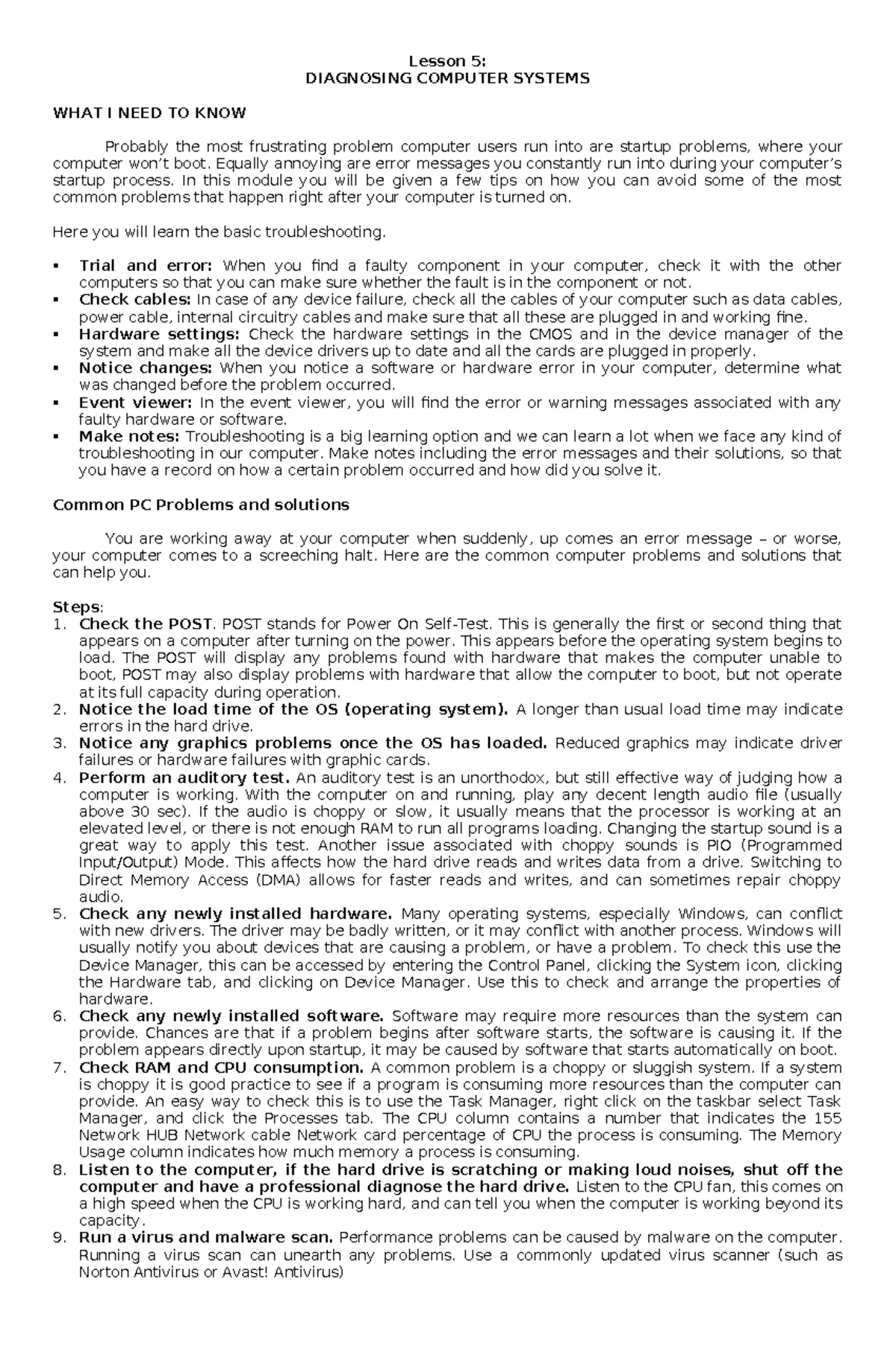 Lesson 5: Diagnosing Computer Systems - Troubleshooting Techniques ...