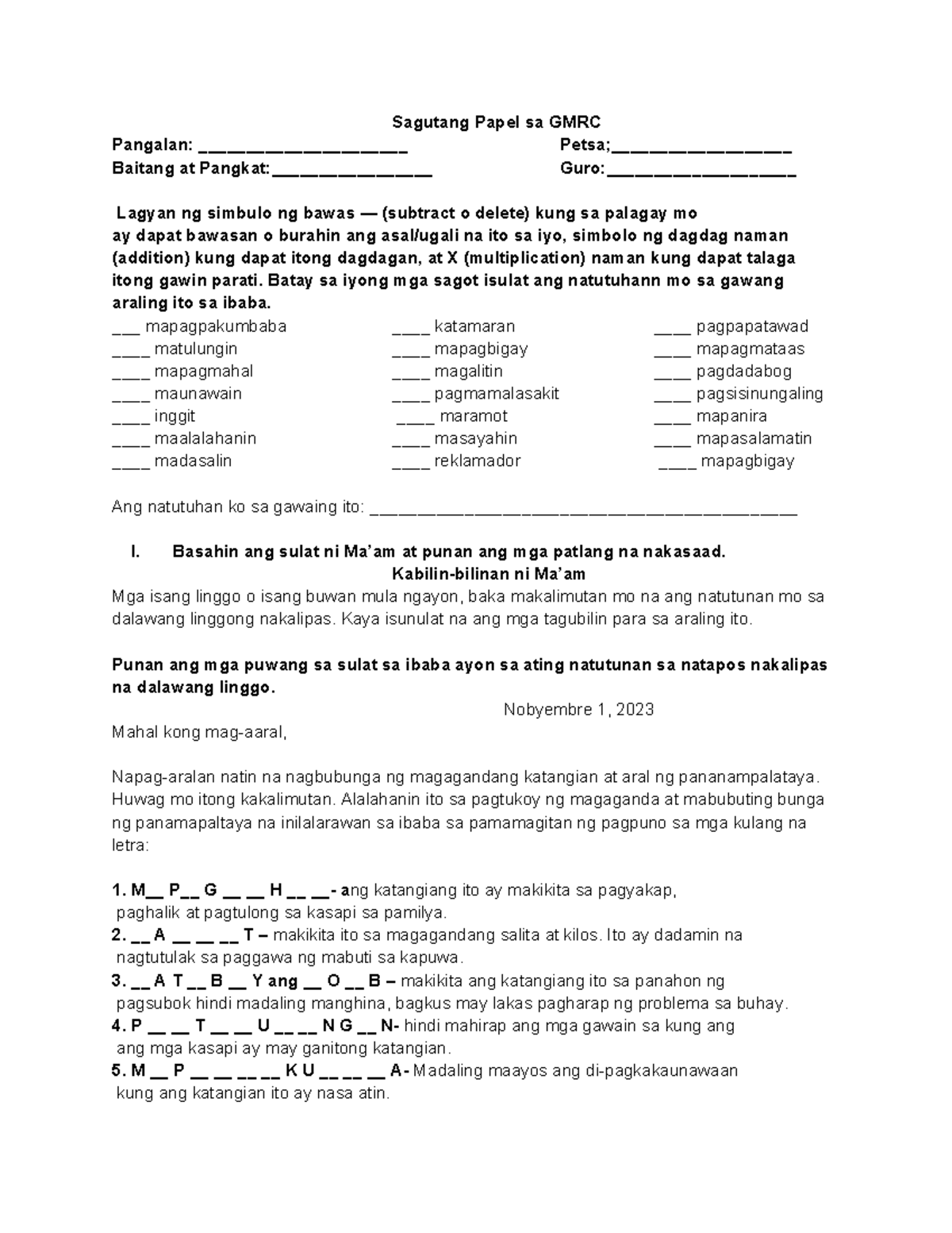 GMRC Activity Sheets & Performance Tasks - Baitang & Asal/ Ugali - Studocu